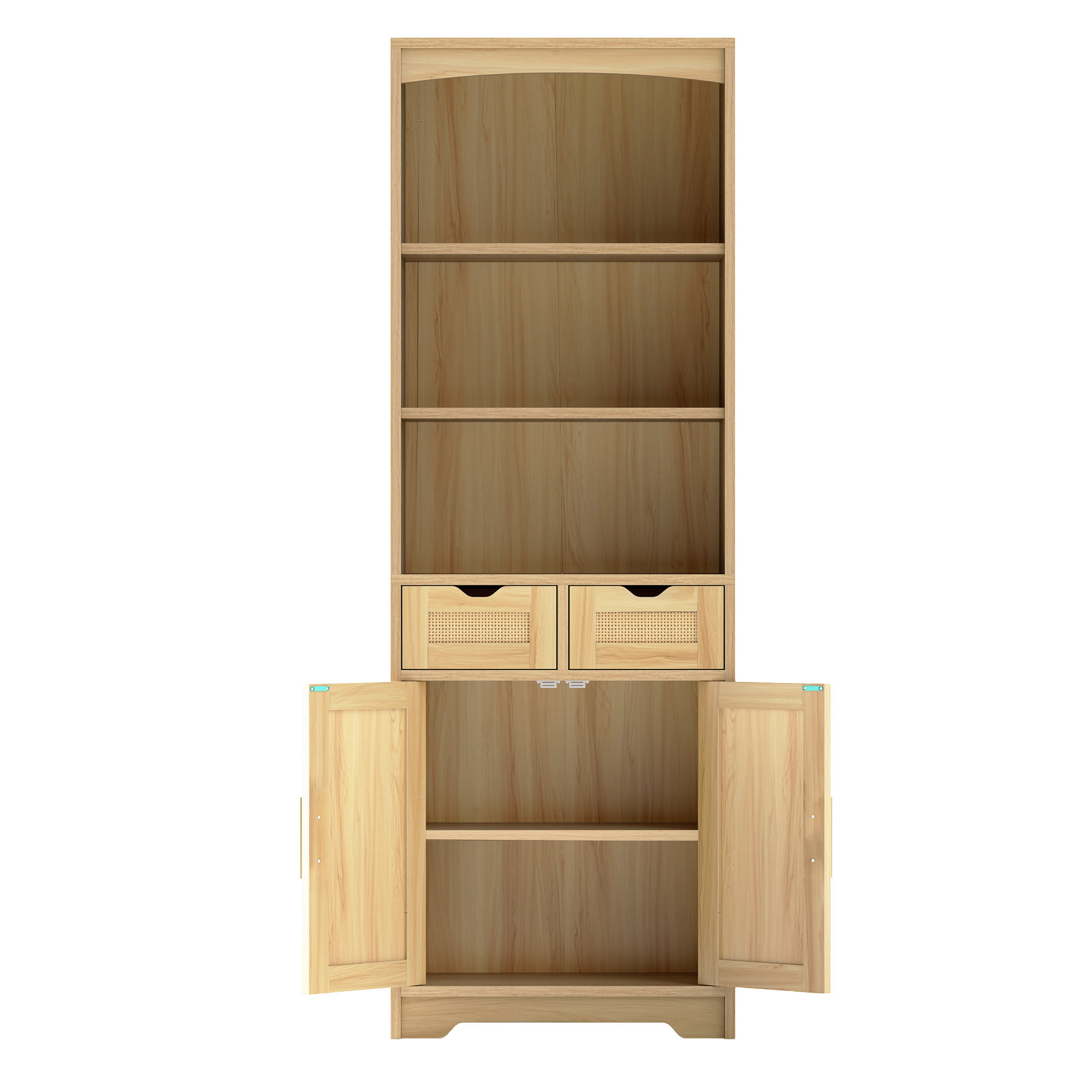 Lark Manor Boho Rattan Bookcase Cabinet with 2 Drawers, 3 Adjustable ...