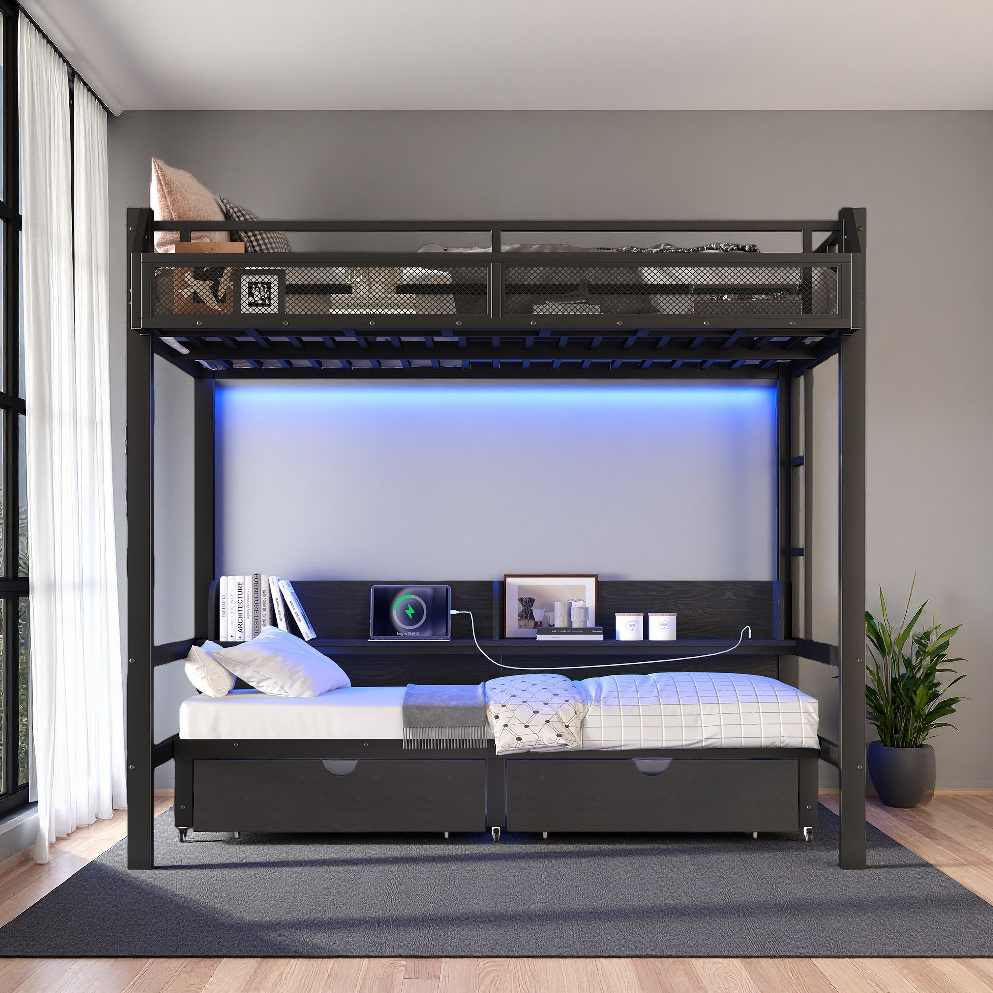 Harriet Bee Full Over Full Bunk Bed With Storage Shelves And Drawers ...