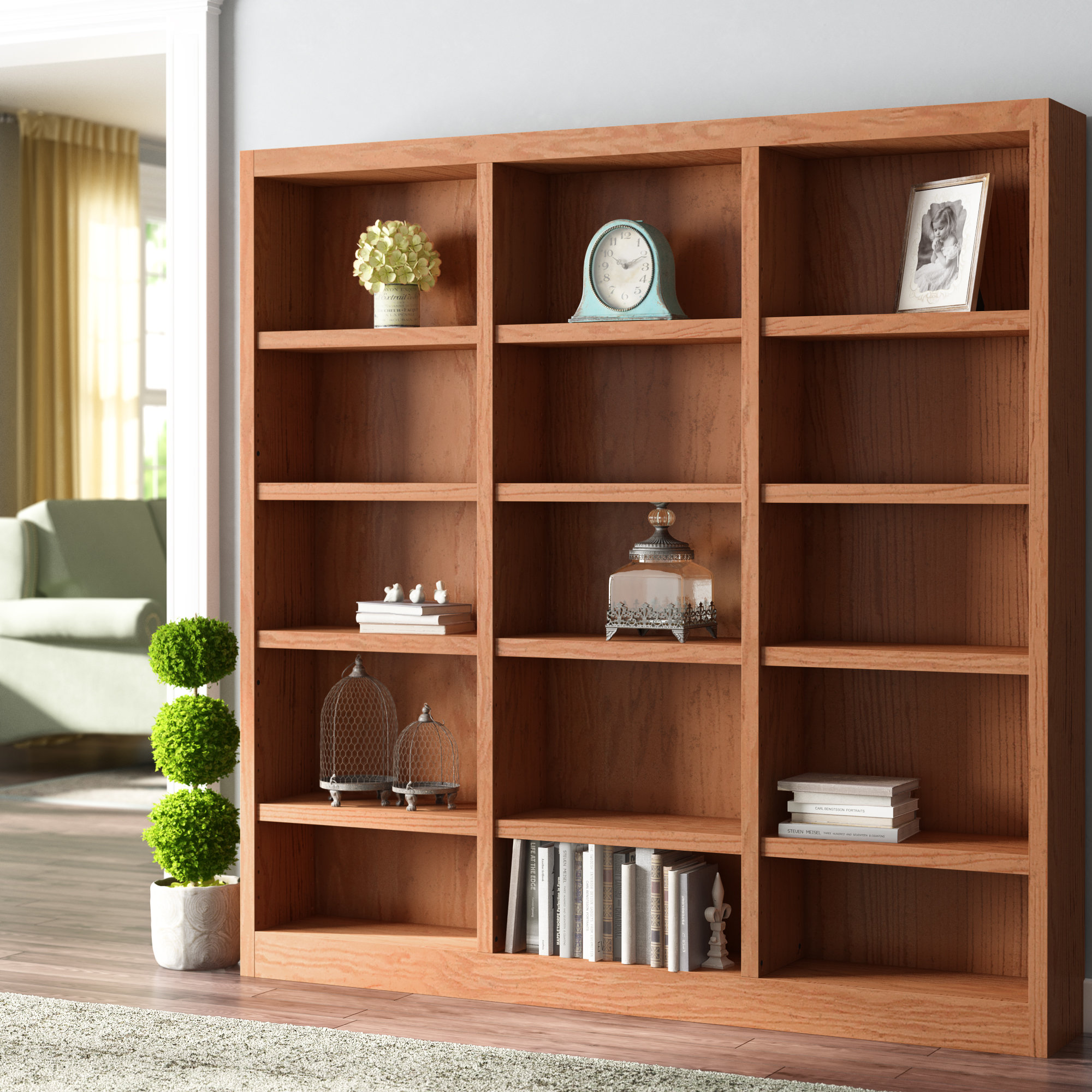Winston Porter Flannagan Triple Wide Wood Bookcase, 15 Shelf, 72 inch ...