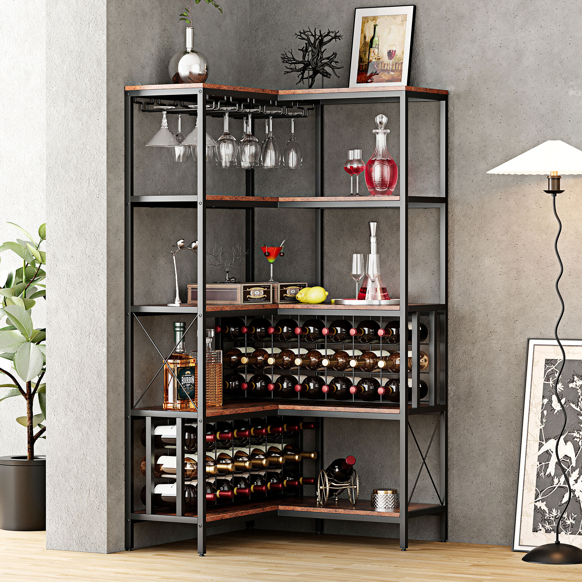 17 Stories Corner Wine Rack Bar Cabinet Industrial Freestanding Floor ...
