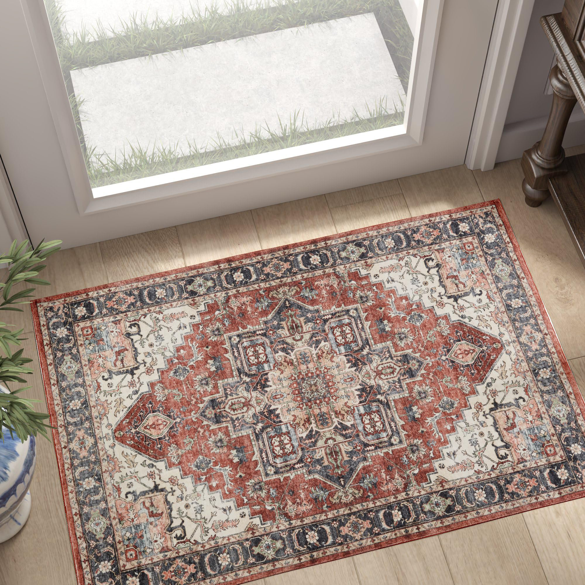 Bungalow Rose Vintage Terra Red Washable Area Rug | Wayfair