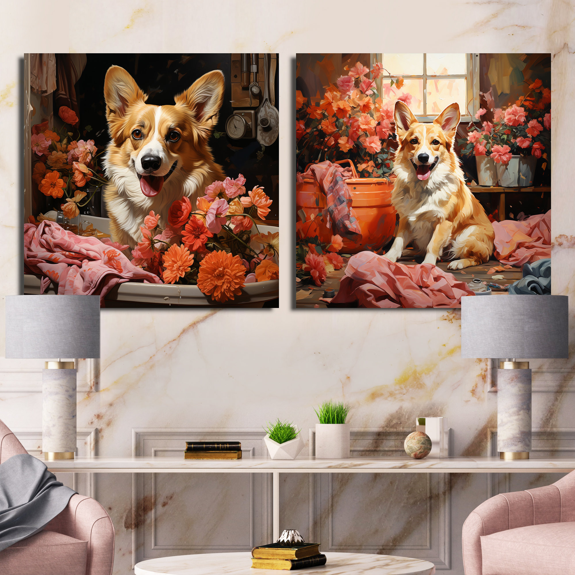 Ophelia & Co. Cheeky Flower Corgi Cleanup - Animals Square Collage Set ...