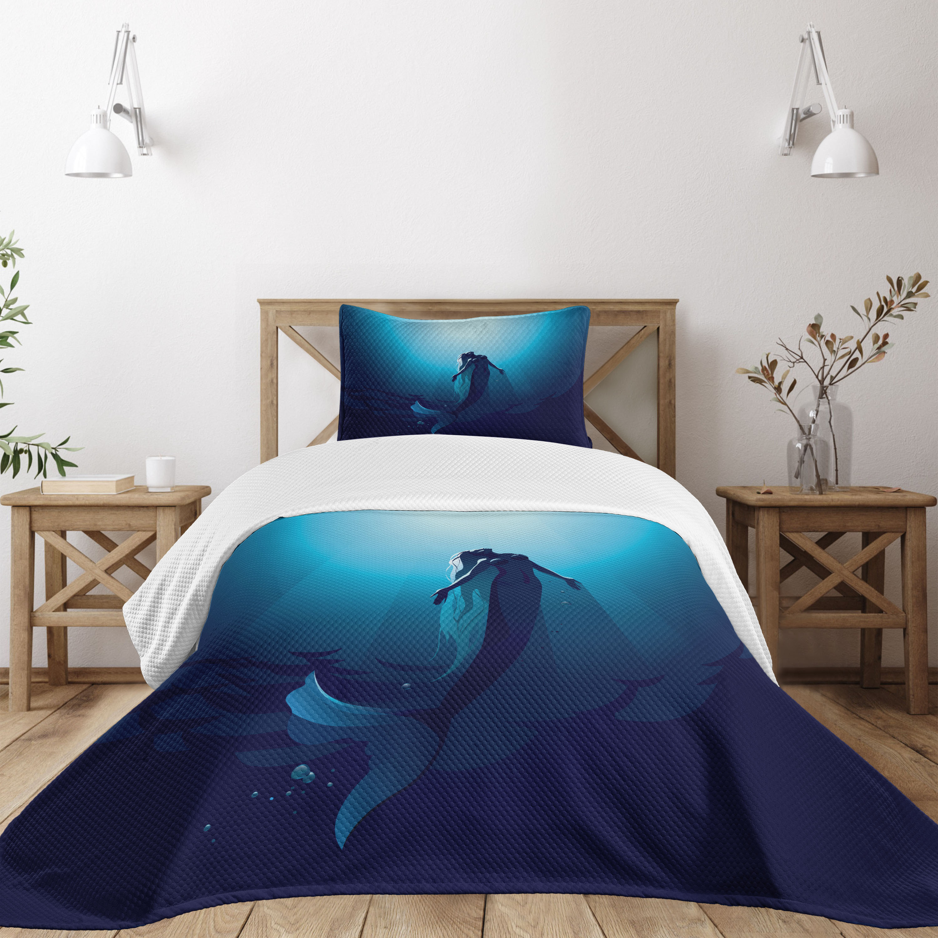 Ambesonne Cartoon Bedspread Set Mermaid in Deep Water Blue | Wayfair