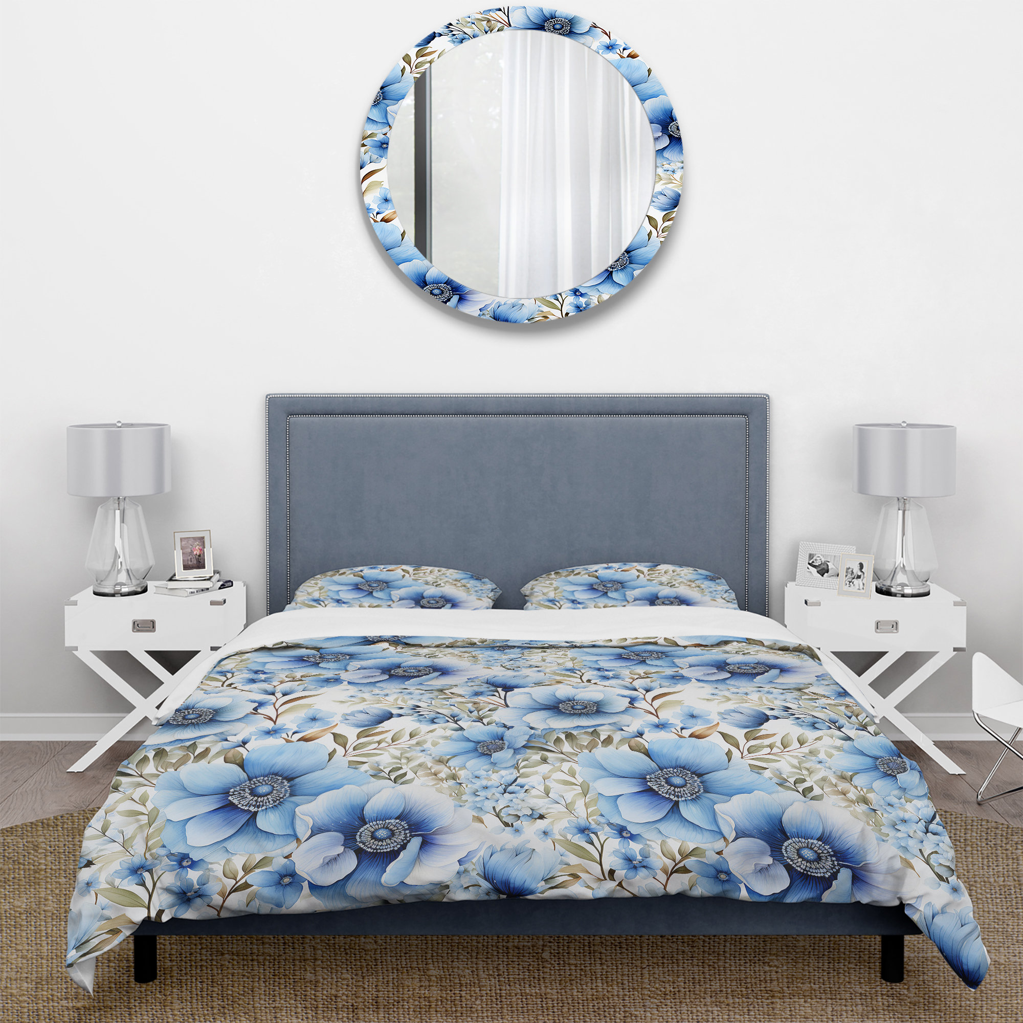 Design Art Blue Watercolor Eccentric Floral Pattern III Duvet Cover Set ...