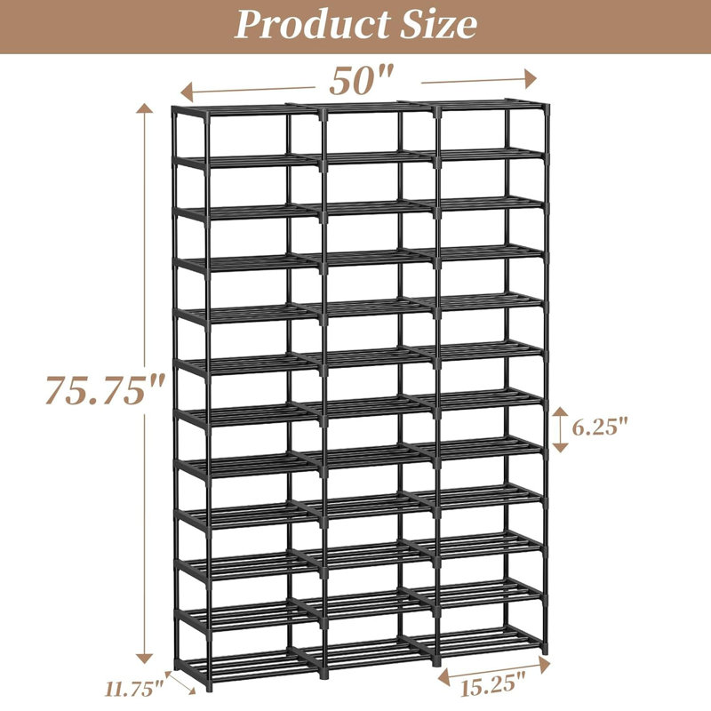 Wrought Studio™ 12-Tier 3-Row Metal Shoe Rack - Black Large Capacity ...