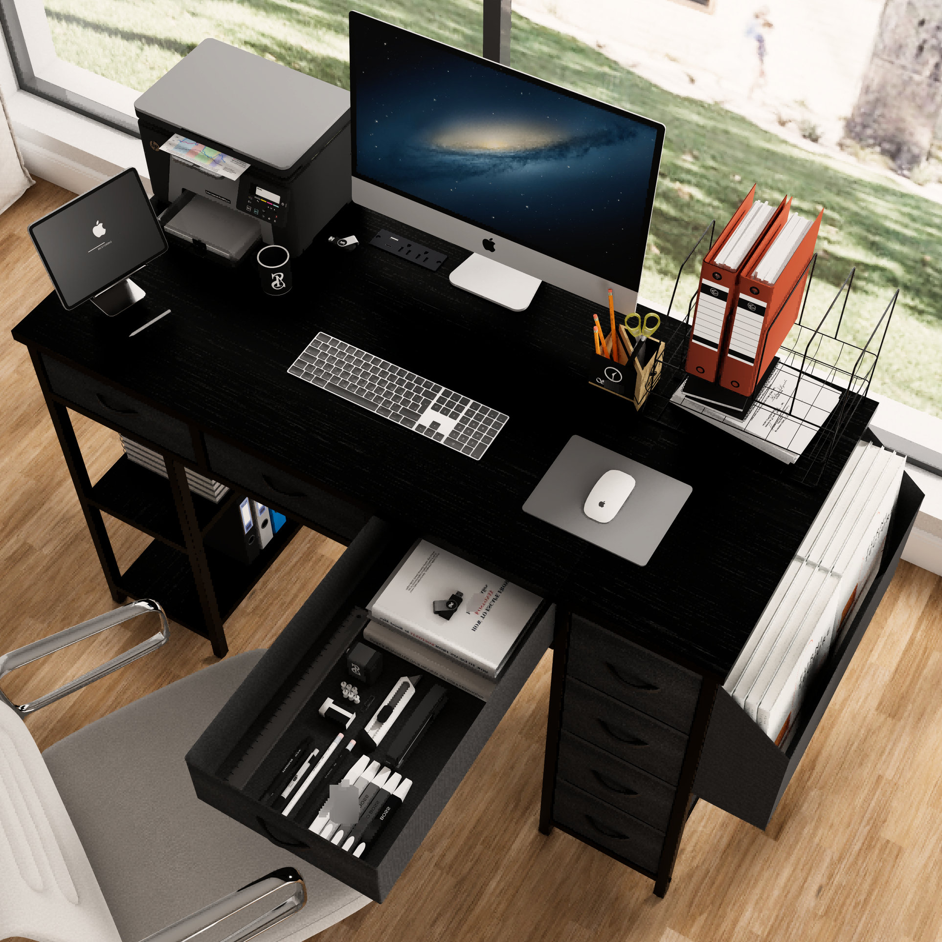 Ebern Designs Black Study Desk With 7 Drawers & Power Outlets - Extra ...