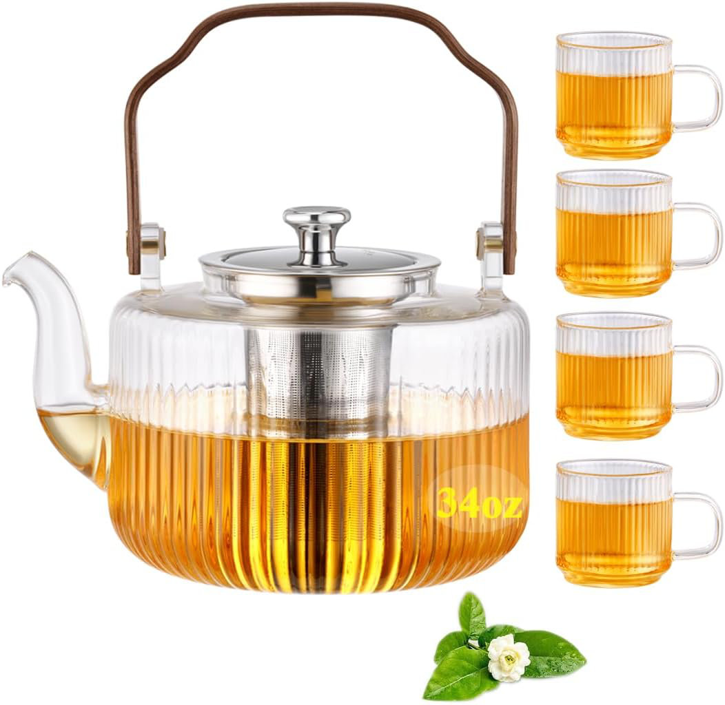 Mercer41 Fluted Glass Tea Pot With Infusers,With 4 Ribbed 2.5Oz Tea Cup ...