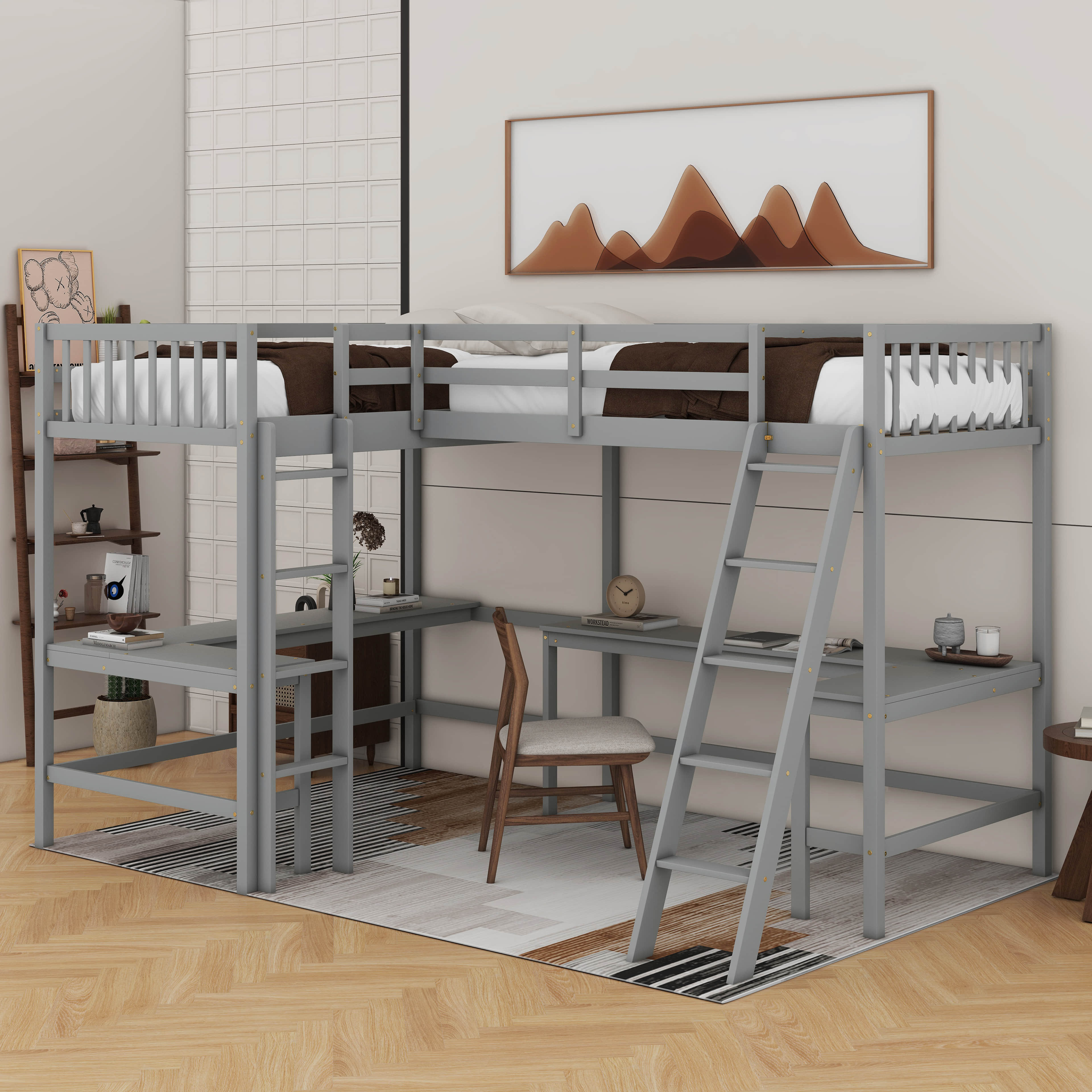 NEW WINDOW system Wood Twin Size L-Shaped Loft Bed With Desks | Wayfair