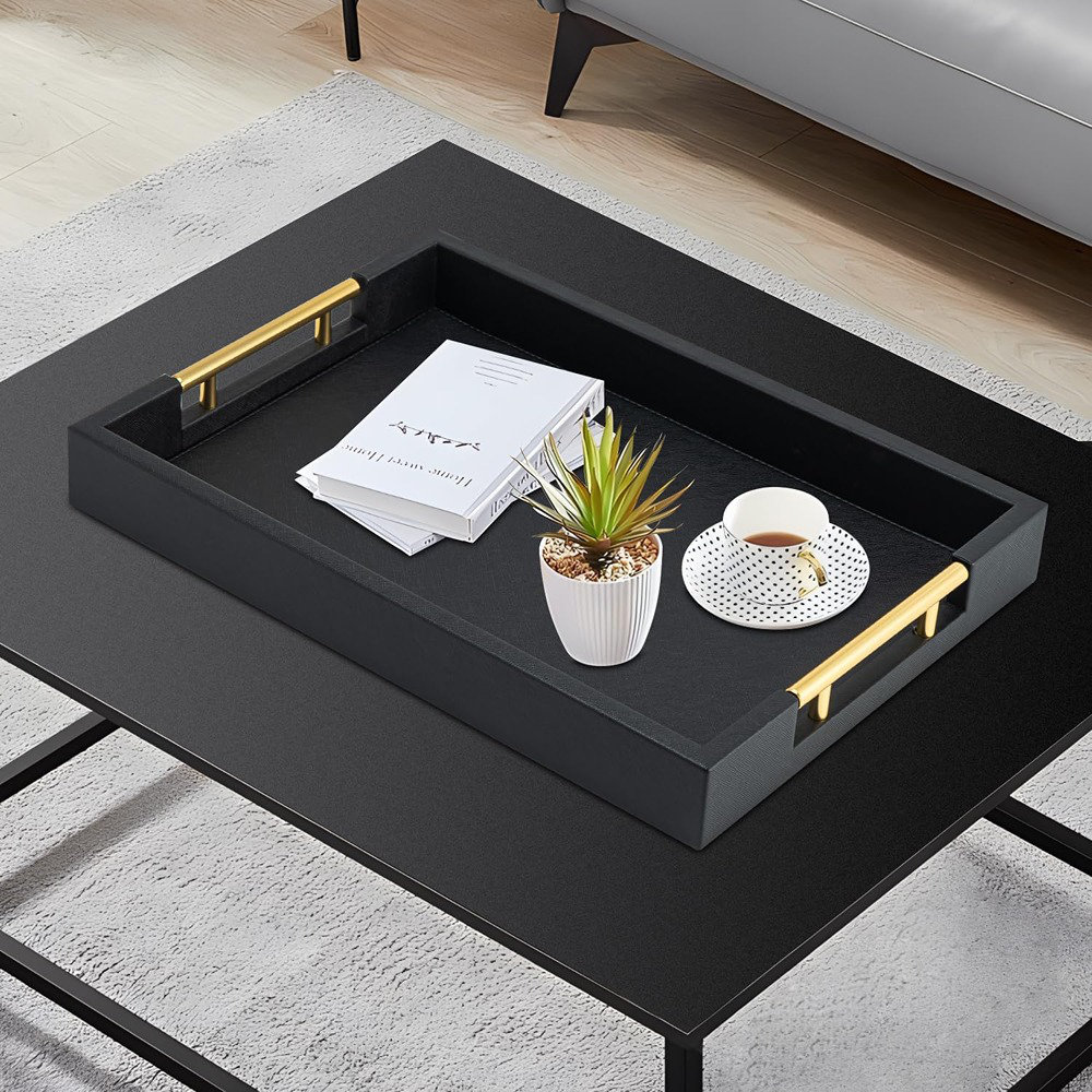 Mercer41 Black Rectangle Serving Tray With Gold Handles For Party,Large Wood Decorative Tray For ...