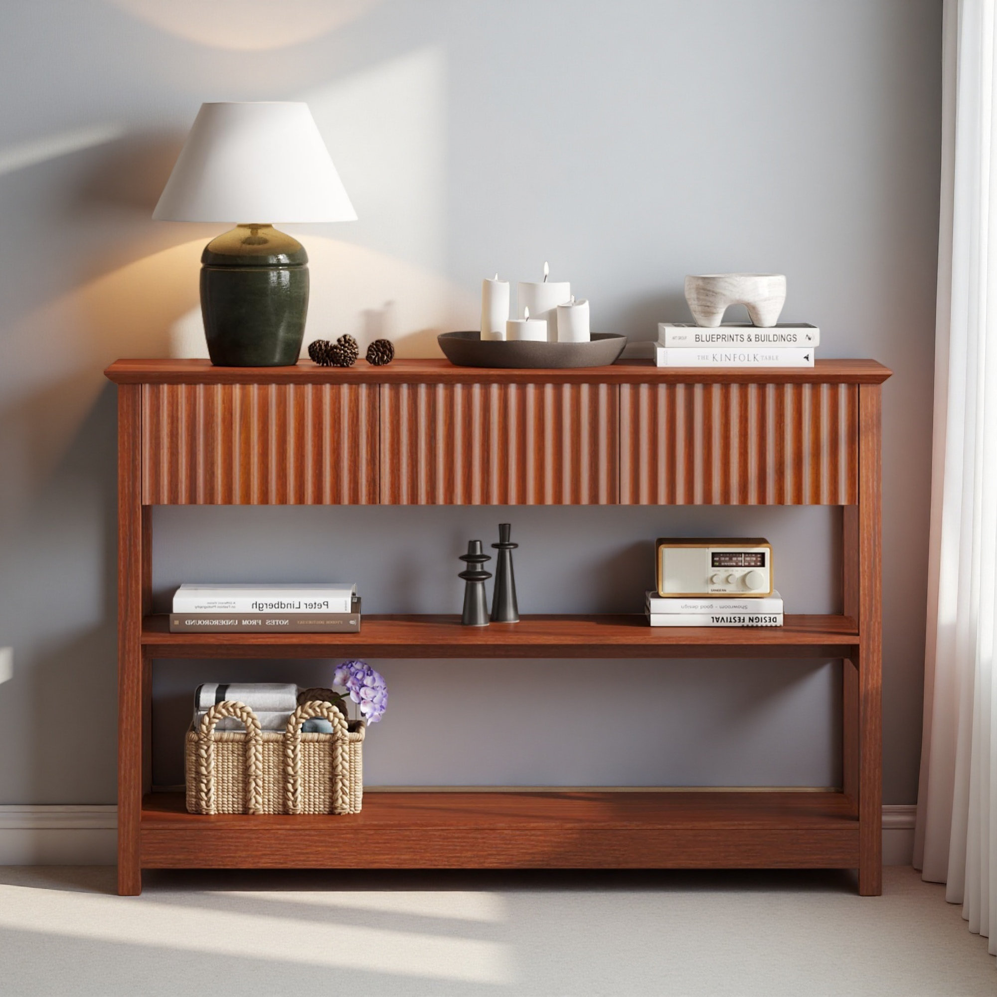 Ebern Designs 47? Fluted MDF Console Table With Dual Drawers & Display ...