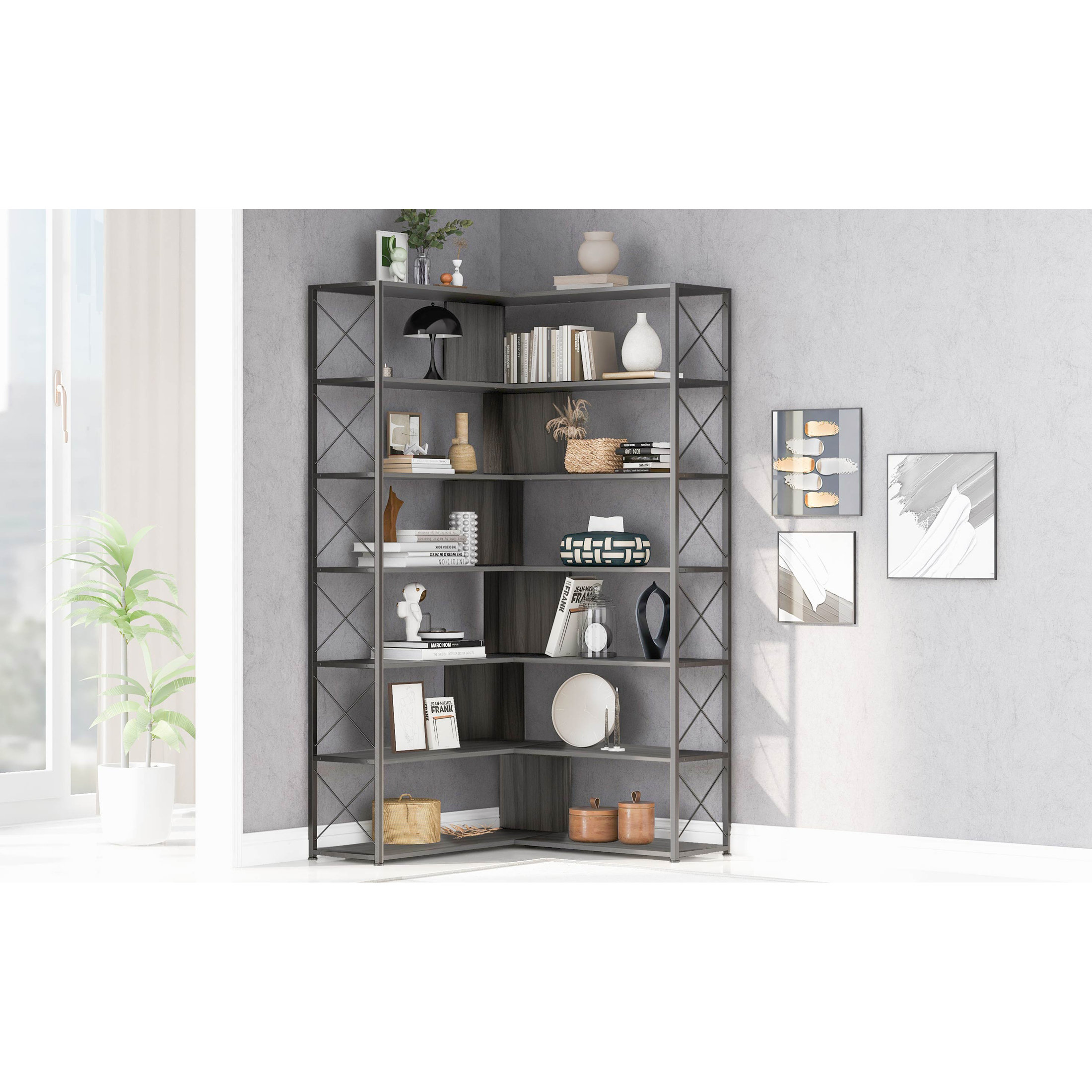 Latitude Run® 7-Tier Bookcase Office Bookshelf, L-Shaped Corner ...