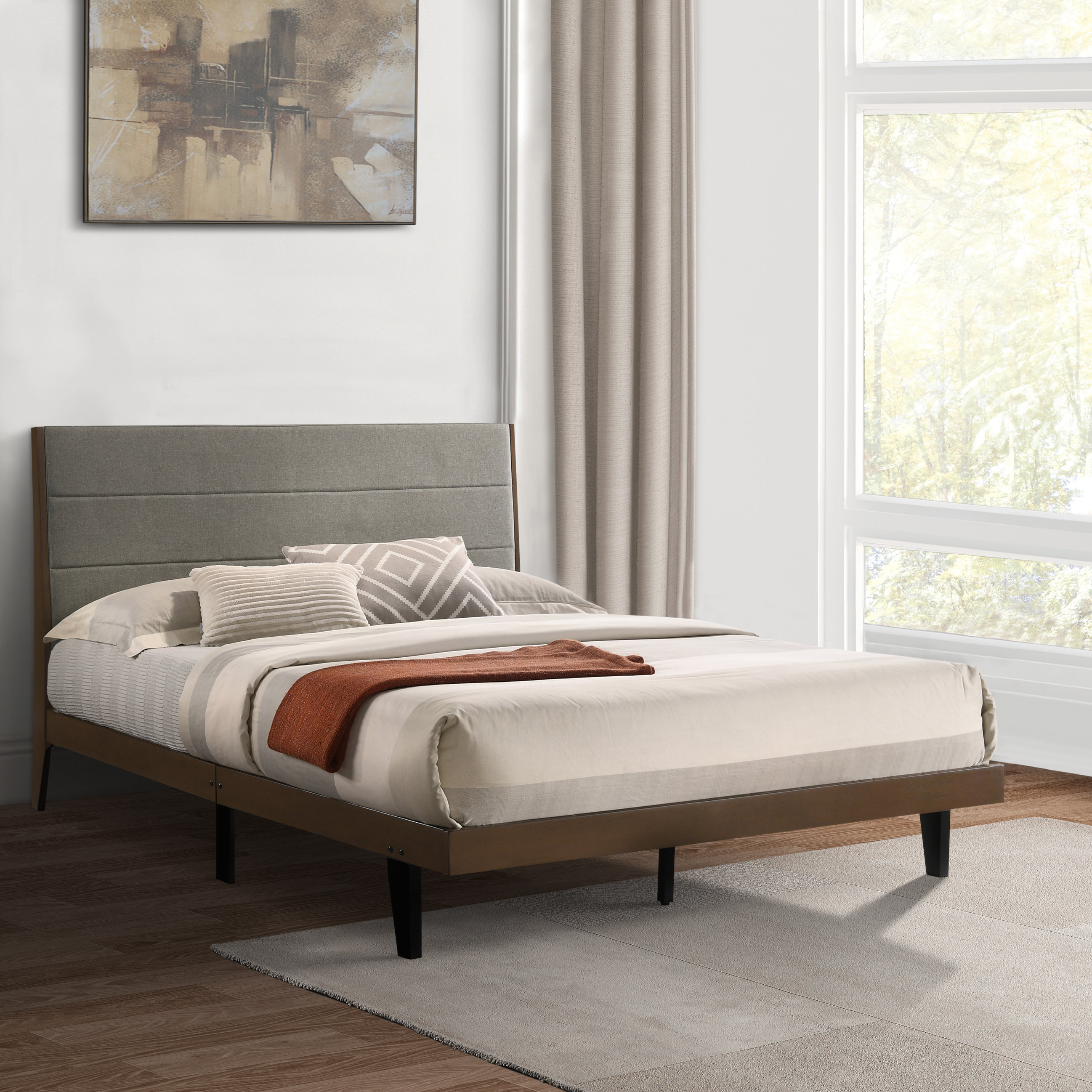 Latitude Run® Christo Walnut Brown and Grey Platform Bed with Tufted ...