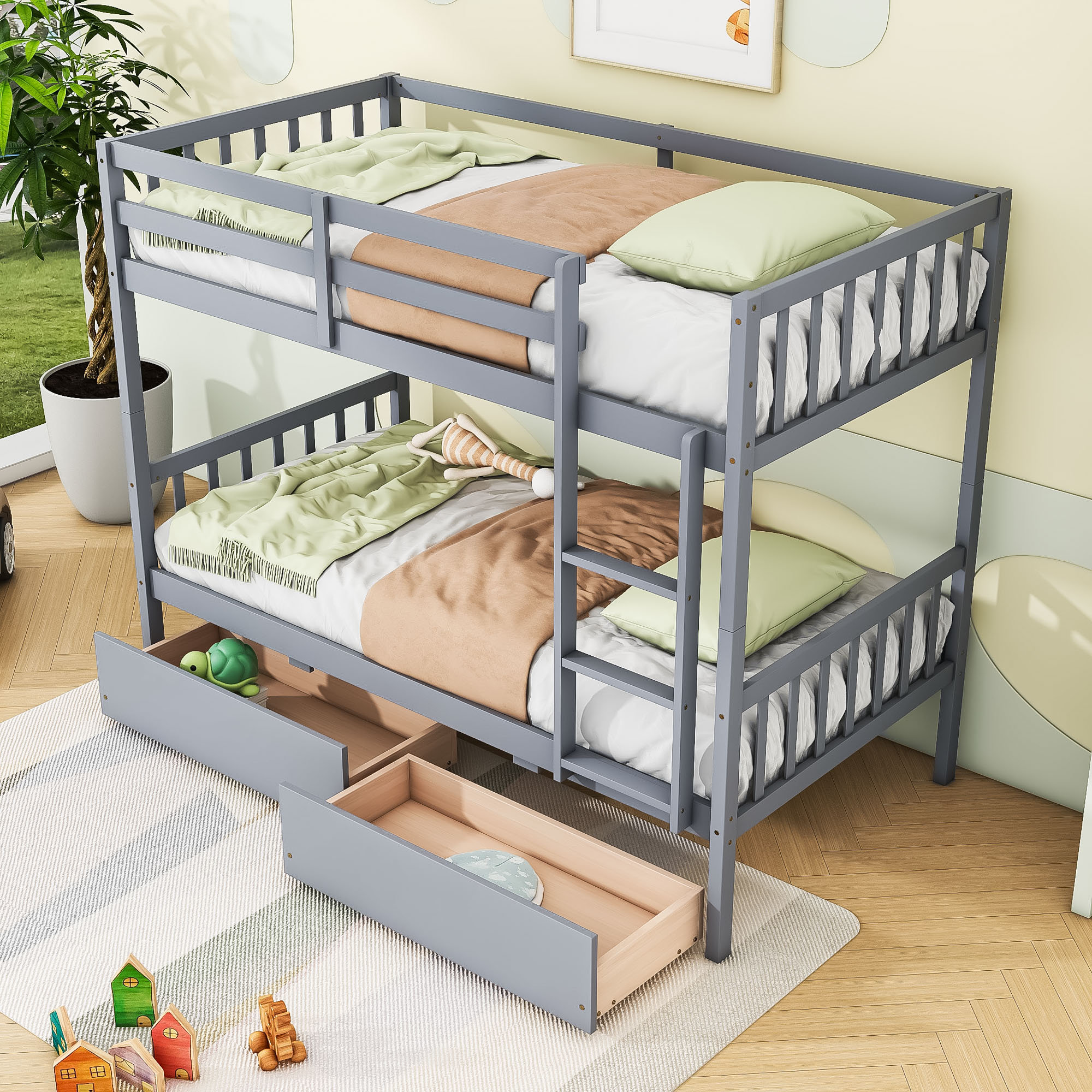 Harriet Bee Convertible Wood Bunk Bed With 2 Storage Drawers And Ladder ...