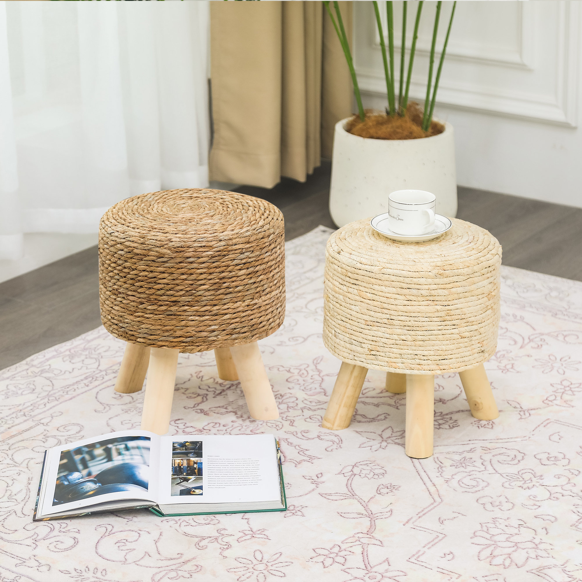 Highland Dunes Ammi 11.8" Wide Cylinder Footstool Ottoman (Set of 2 ...