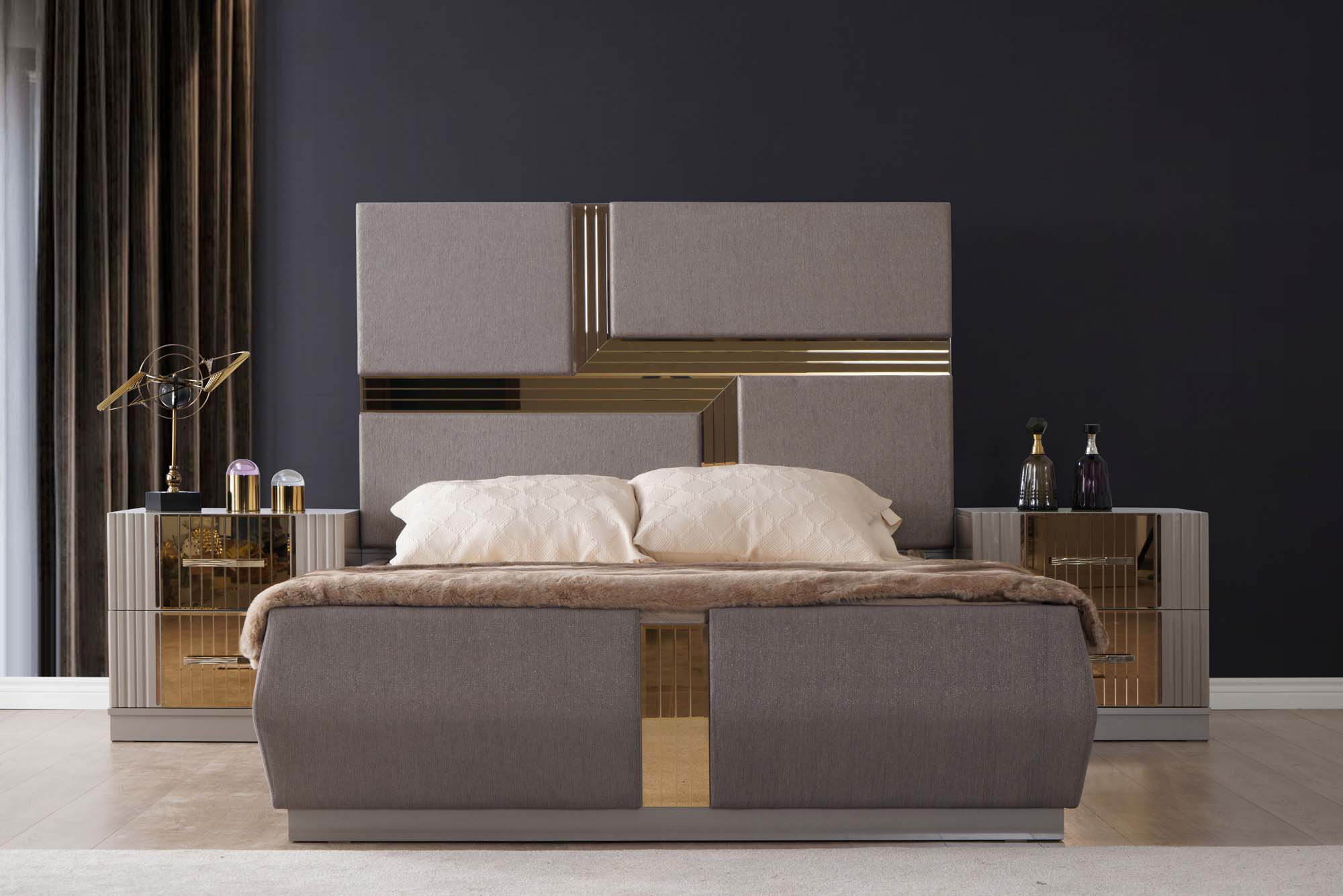 Everly Quinn Gold Detailed Tufted Upholstery Bed made with Wood(Only ...