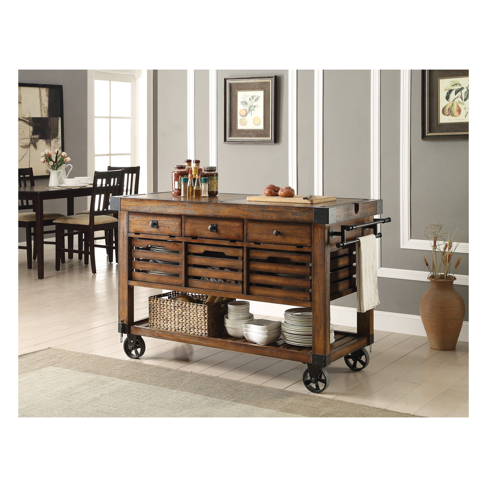 Williston Forge Distressed Chestnut Finish Kitchen Cart | Wayfair