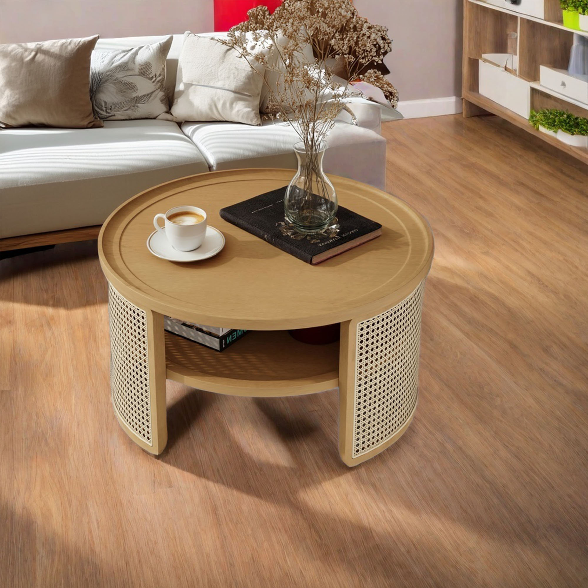 Bay Isle Home™ Boho 2-Tiered Rattan Coffee Table, Modern Round Wood ...