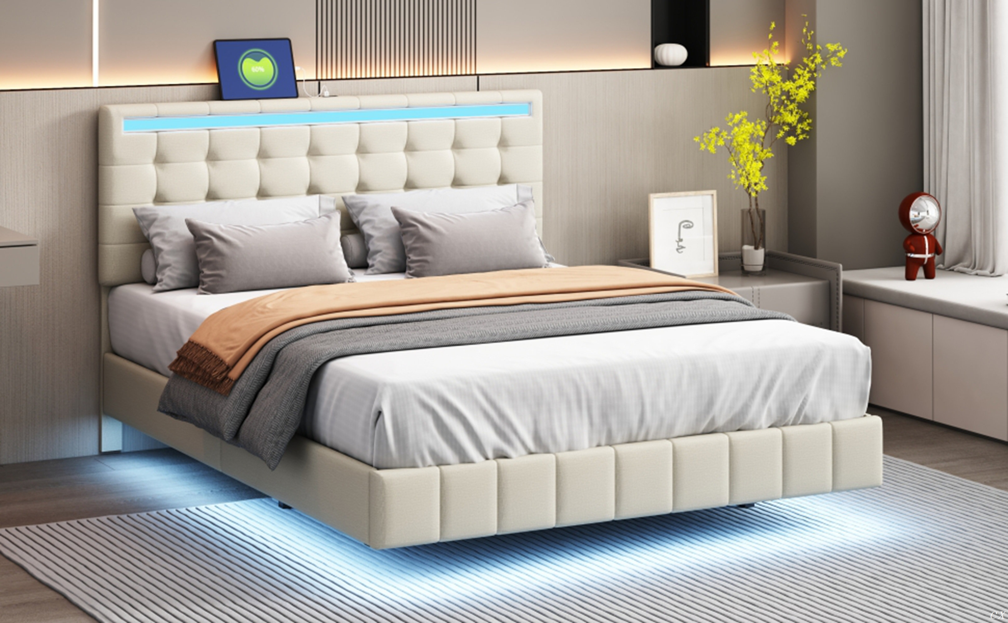 Ivy Bronx Floating Bed Frame With LED Lights And USB Charging,Modern ...