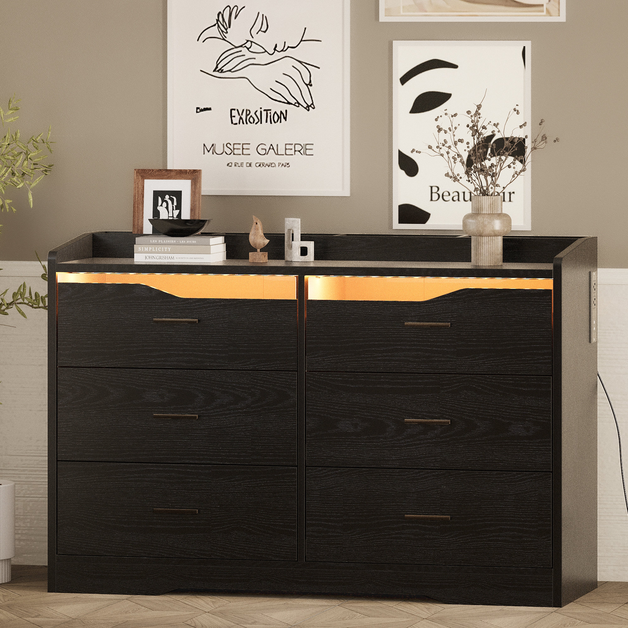 Ebern Designs Erl 45.6" Wood Dresser with LED Light, Wide Chest with 6 ...