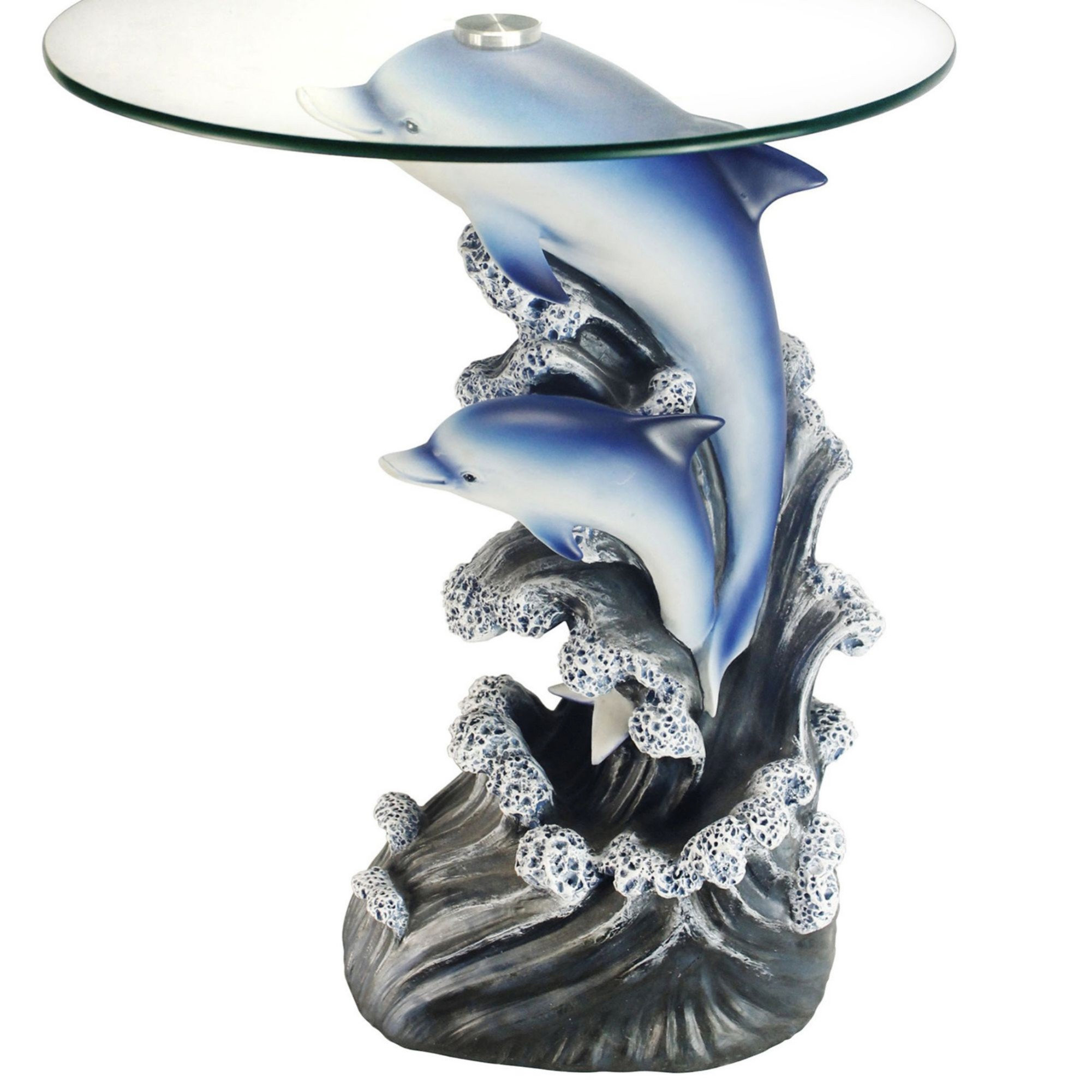 Beachcrest Home End Table With Glass Top And Polyresin Dolphin Base ...