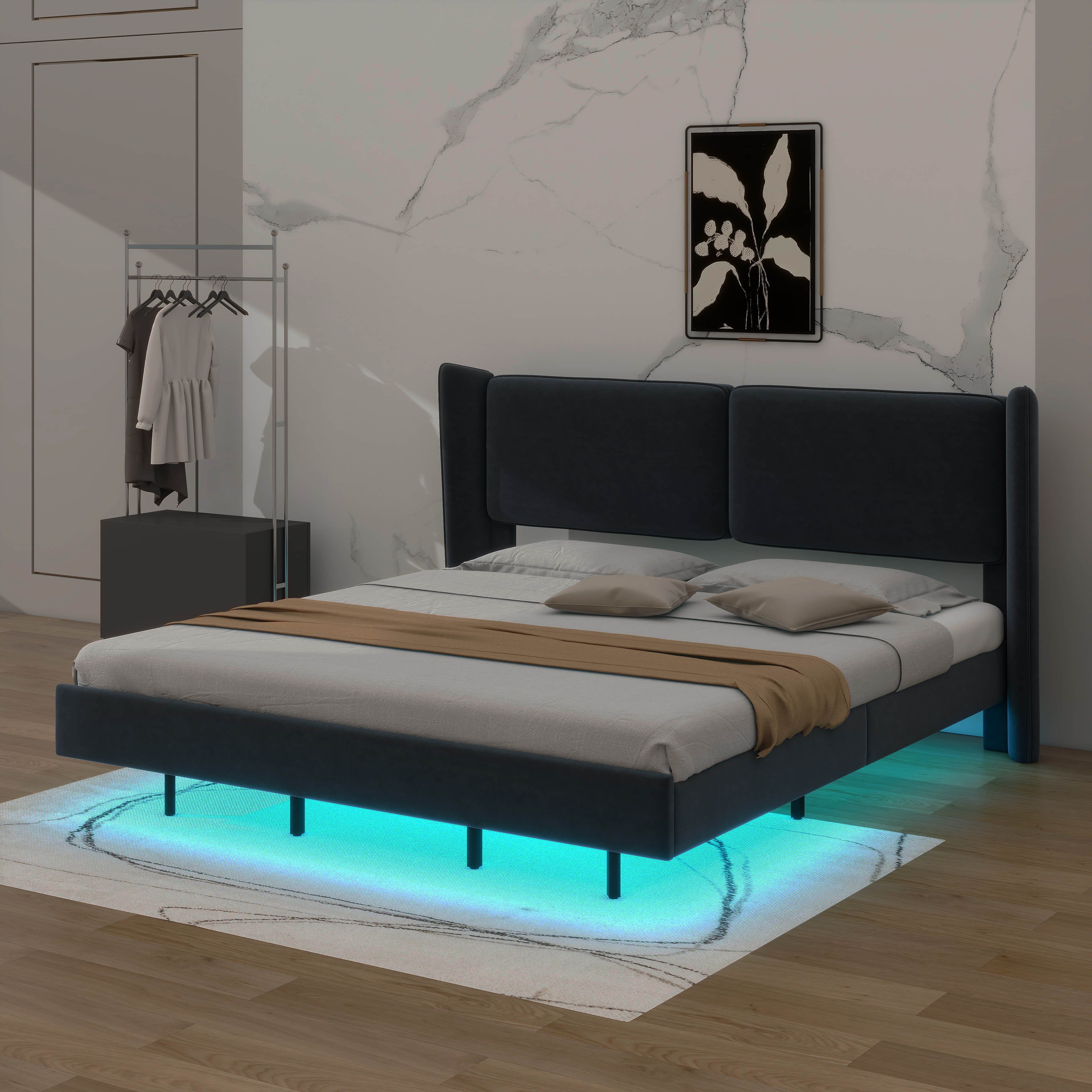 Mercer41 Elegant King-Size Modern Velvet Floating Bed Frame With LED ...