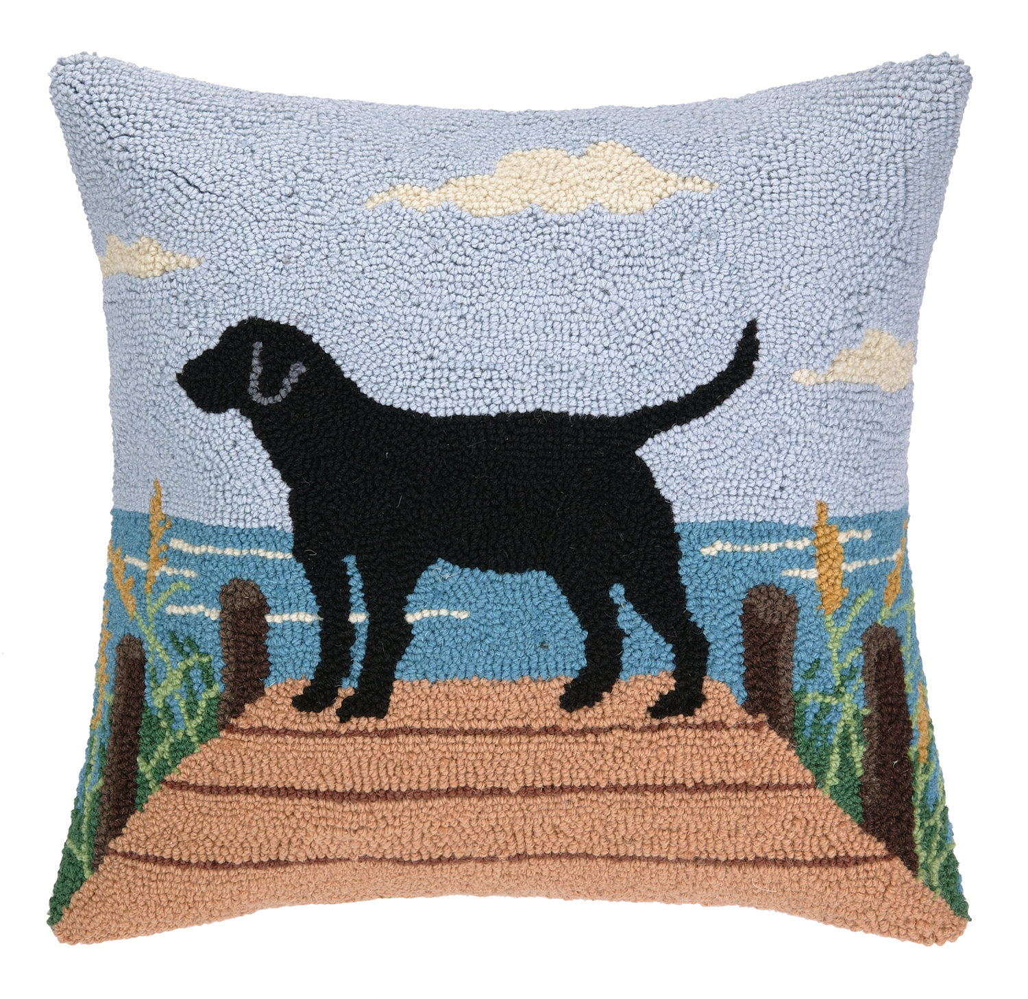 Peking Handicraft The Pillow Shoppe Black Lab on Dock Wool Hook Pillow ...