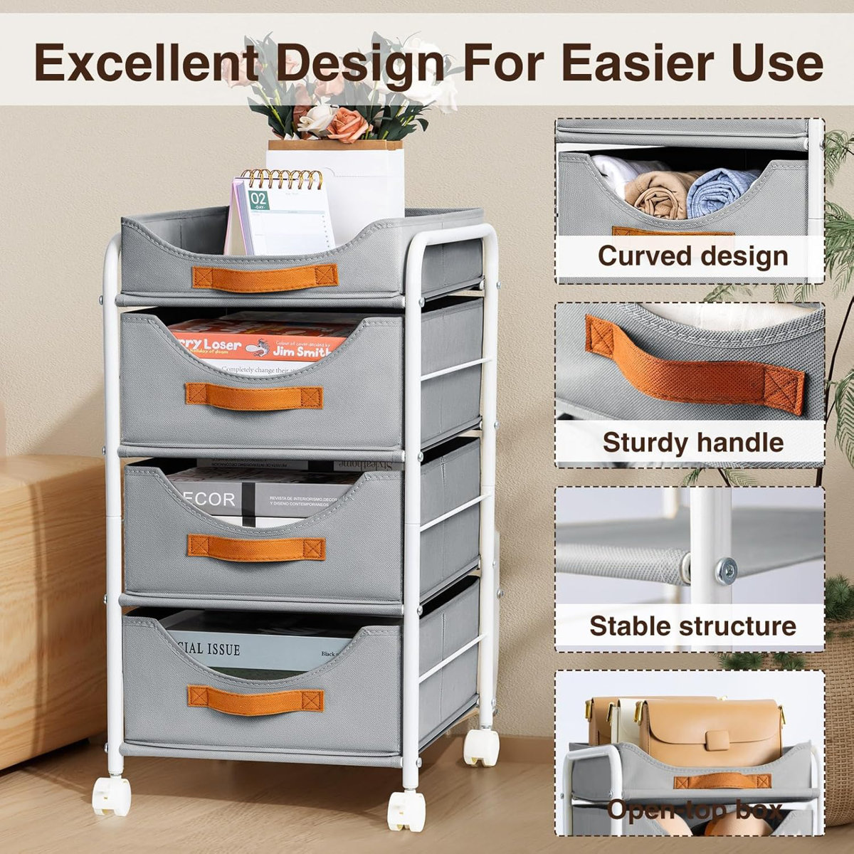 Rebrilliant Clothes Drawer 4 Tier - Fabric Closet Drawer System Easy ...
