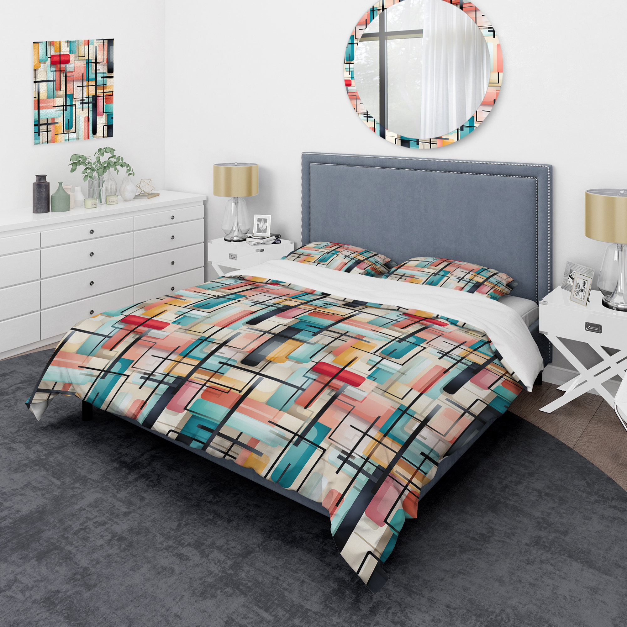 Design Art Geometric Green And Pink Gridlock II Duvet Cover Set | Wayfair