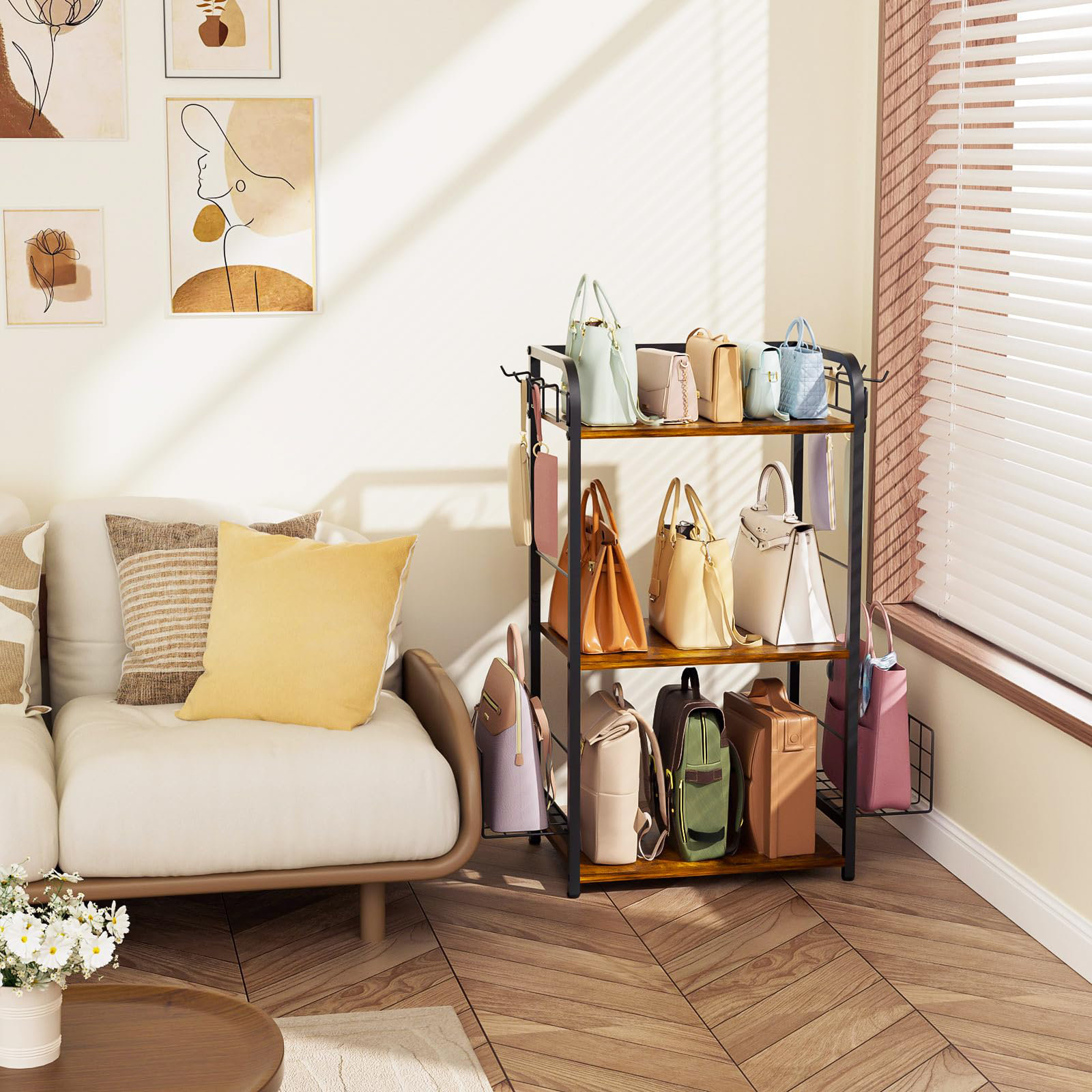 Rebrilliant Iron & Wood Floor-Standing 3-Tier Purse Rack With ...