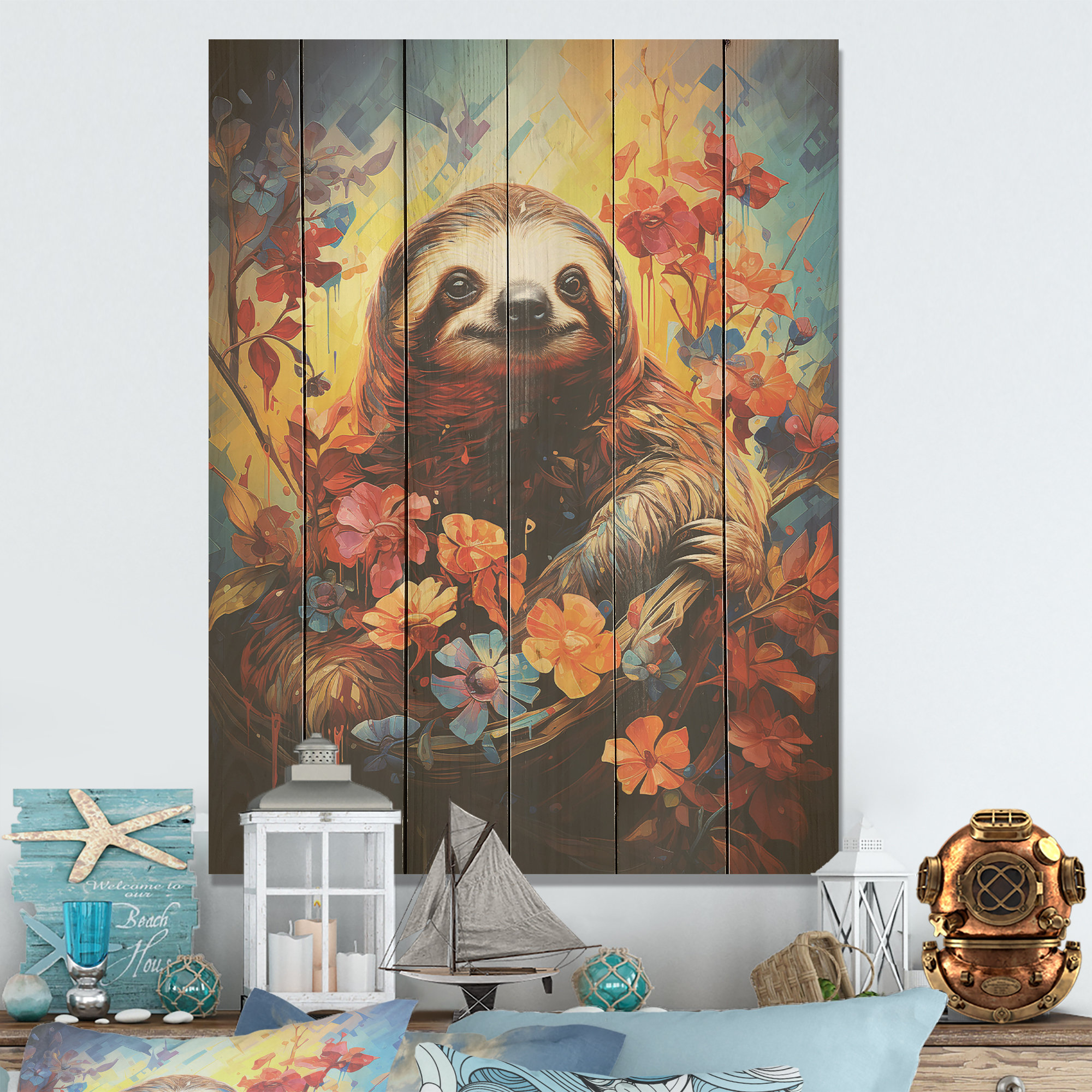 Bungalow Rose Mellow Flower Sloth - Sloth Wood Art On Natural Pine Wood ...