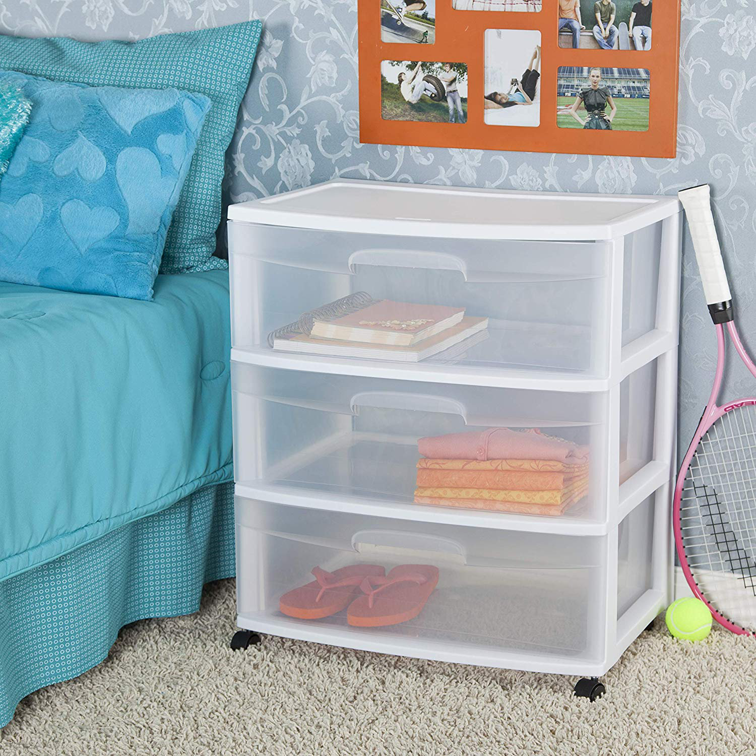 Sterilite Wide 3 Drawer Storage Cart, Rolling Cart with Wheels ...