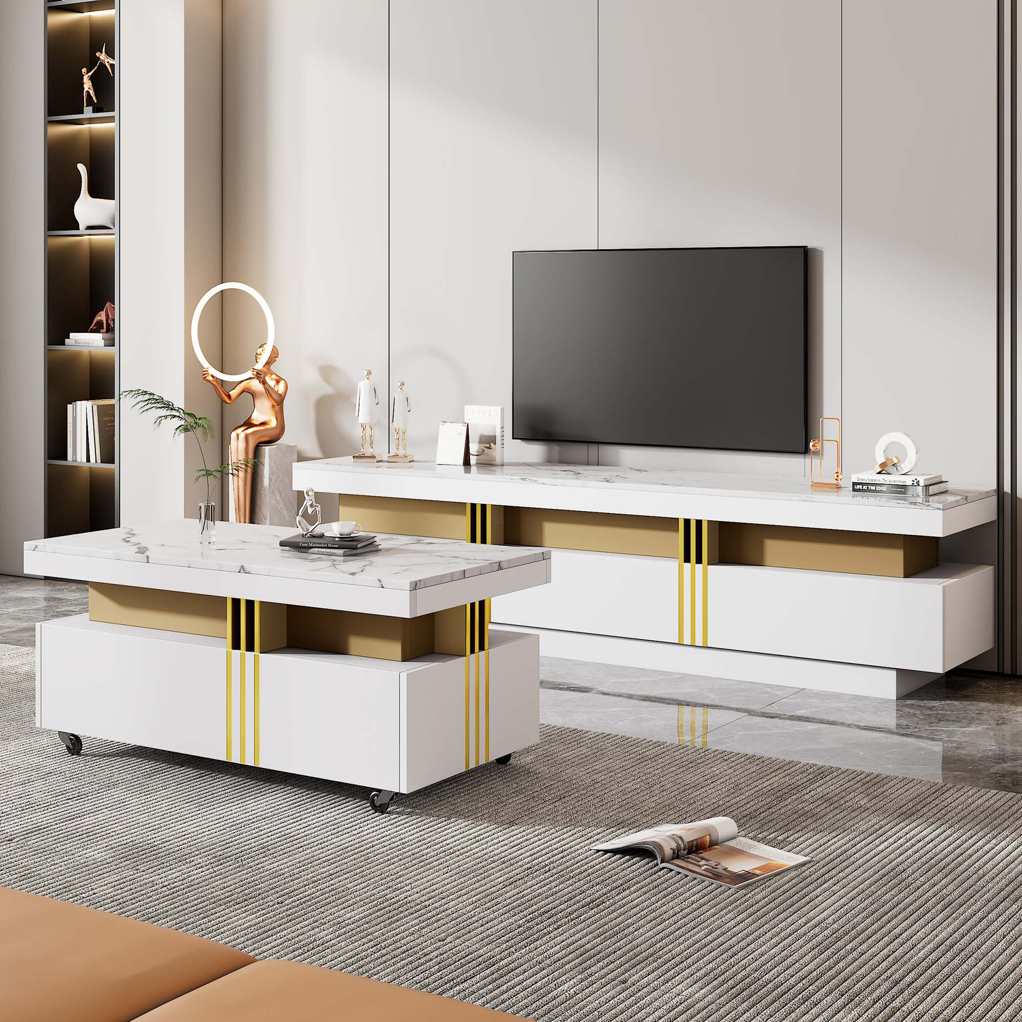 Mercer41 Modern Luxury TV Stand And Coffee Table With High Gloss Faux ...