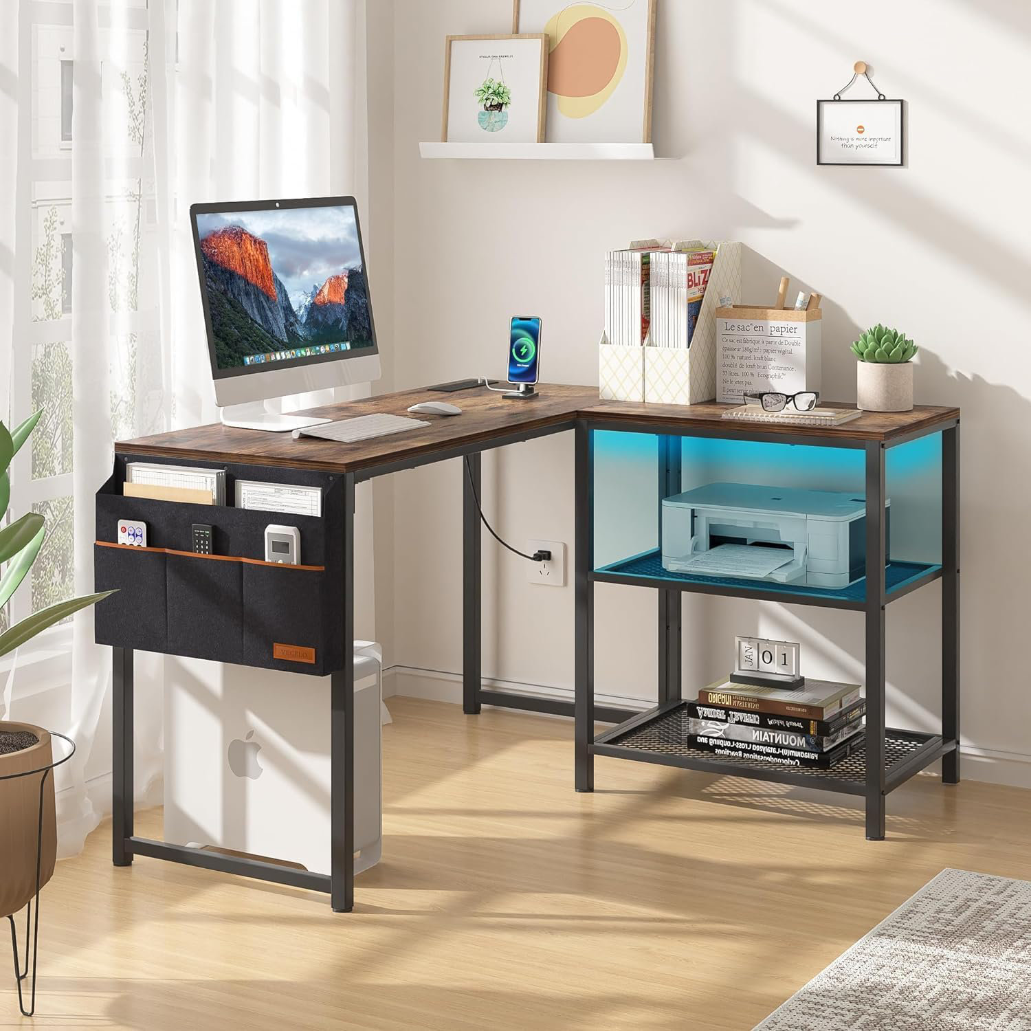 Ivy Bronx L-Shaped Computer Desk With Storage Shelves, Side Bag, Power ...
