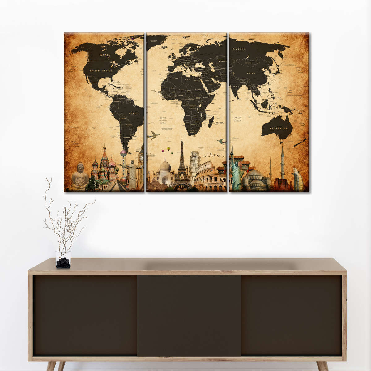 17 Stories World Map Vintage Landmarks World Map 3 Pieces | Wayfair