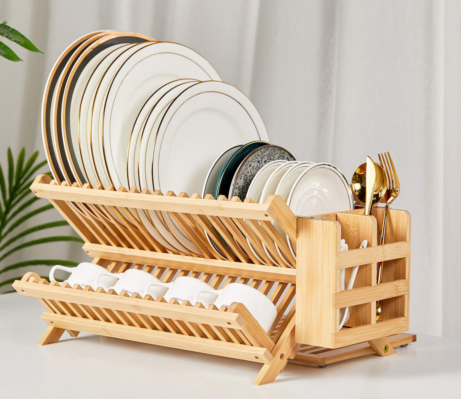 COOREL Bamboo Dish Drying Rack With Utensil Holder, Collapsible Wooden ...