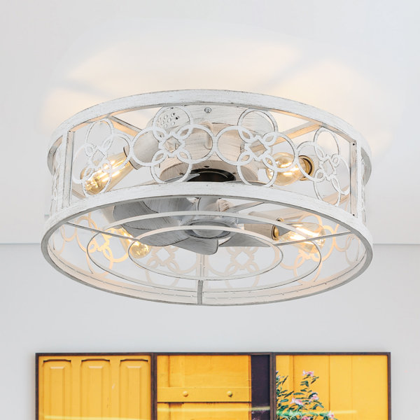 Wrought Studio Gaeton 20" Flush Mount Vintage White Caged Ceiling Fan ...