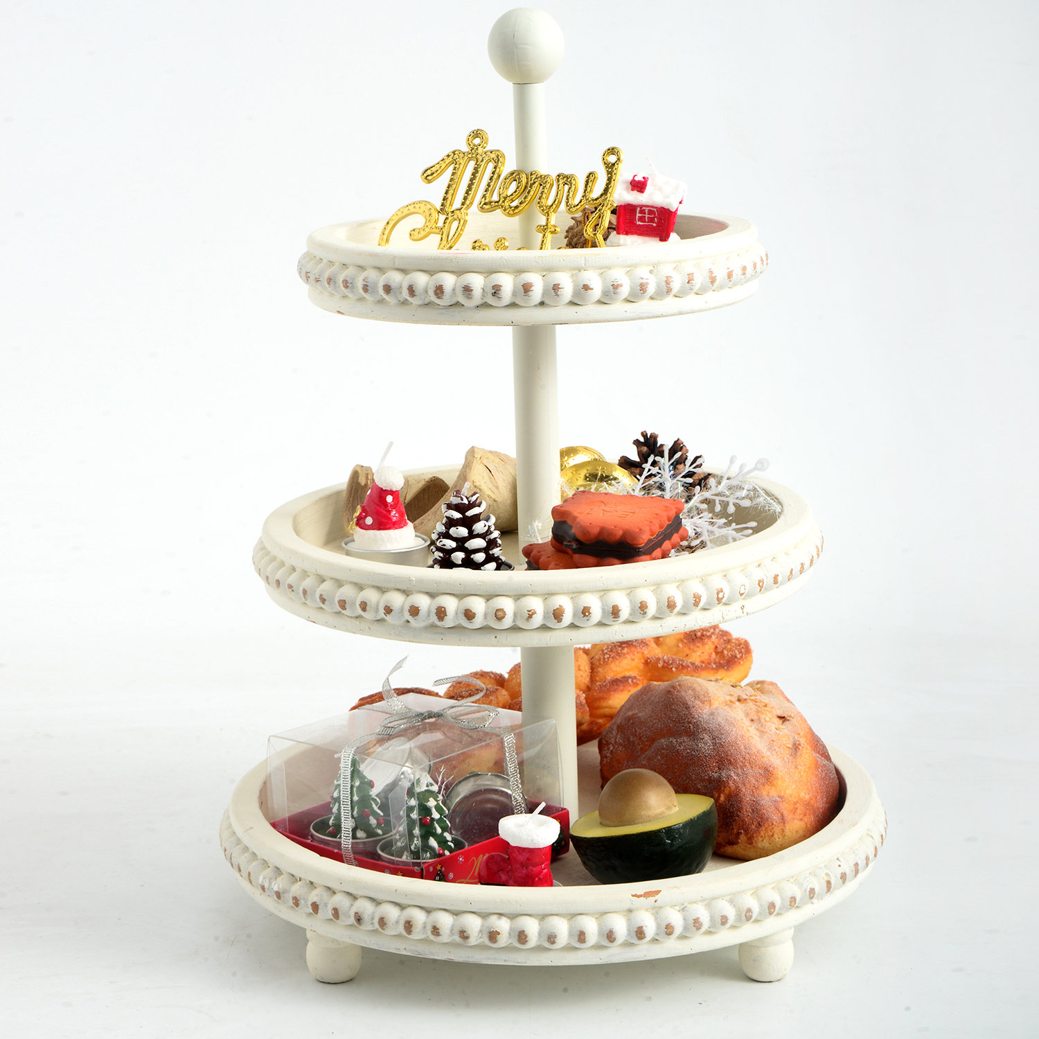 Ophelia & Co. Wooden White 3 Tier Tray With Shabby Chic Beaded For Home ...