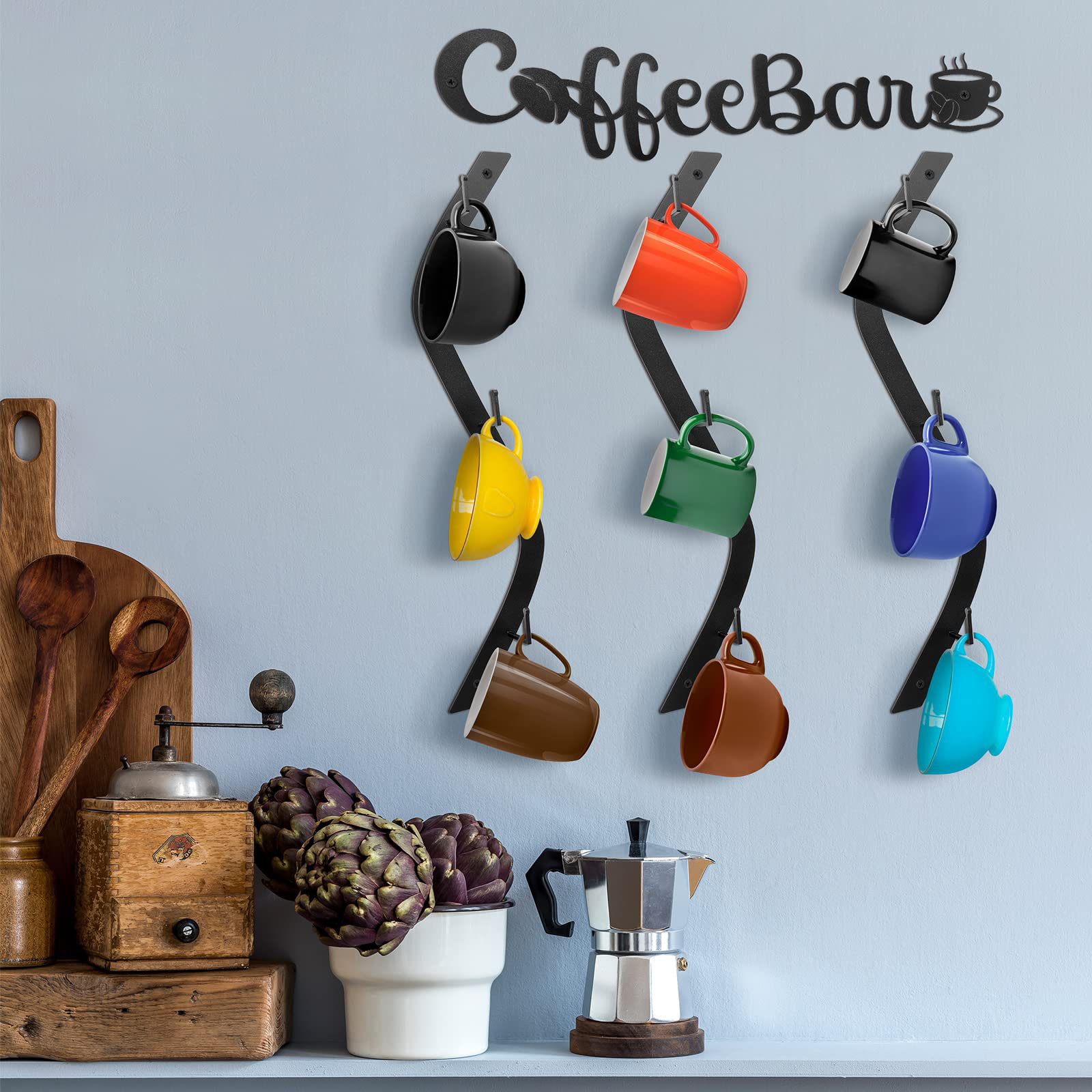 Latitude Run® Coffee Mug Wall Rack Mounted With Coffee Bar Decor Curve ...