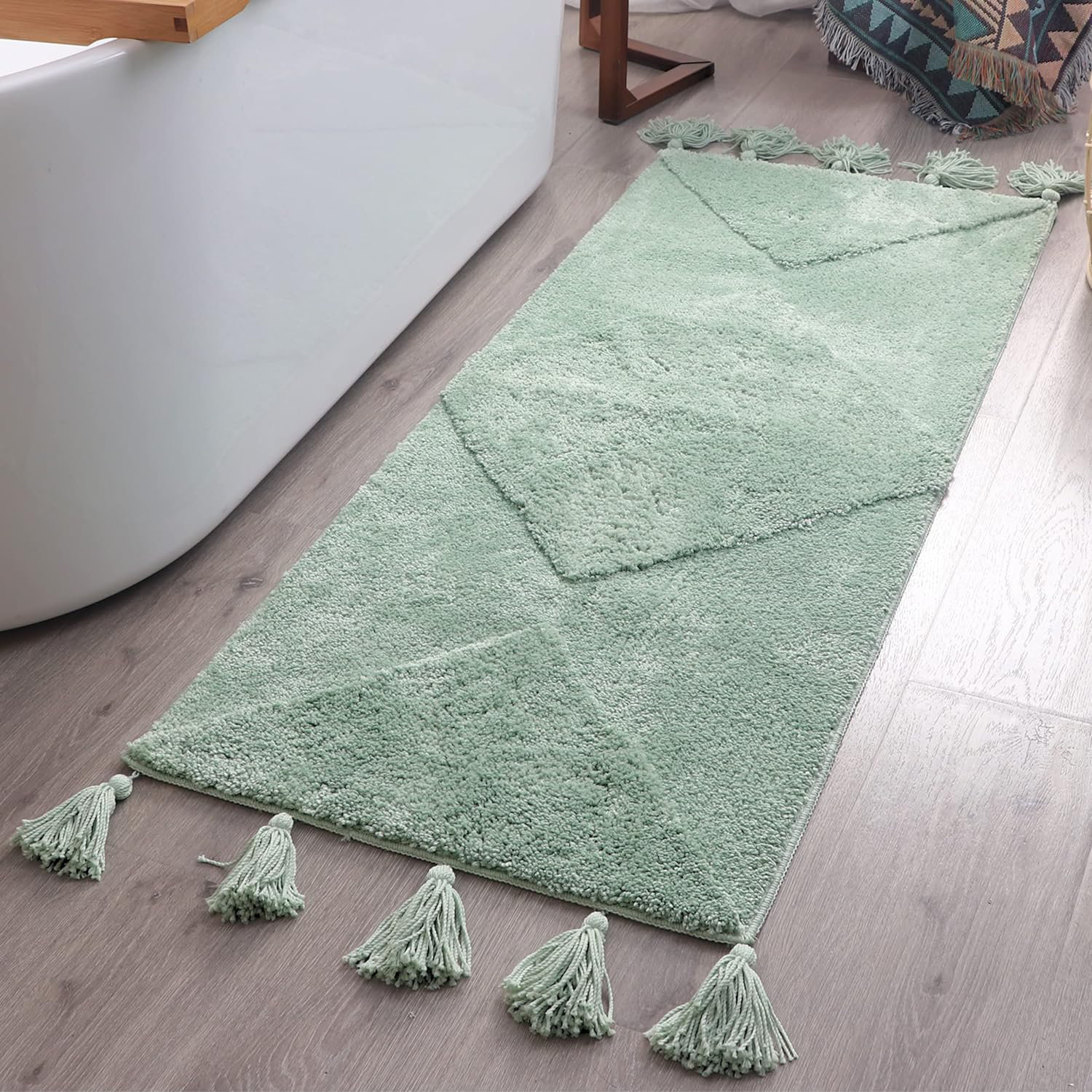 BEFIHO Mint Green Boho Runner Rug With Tassels Long Light Green Bath ...