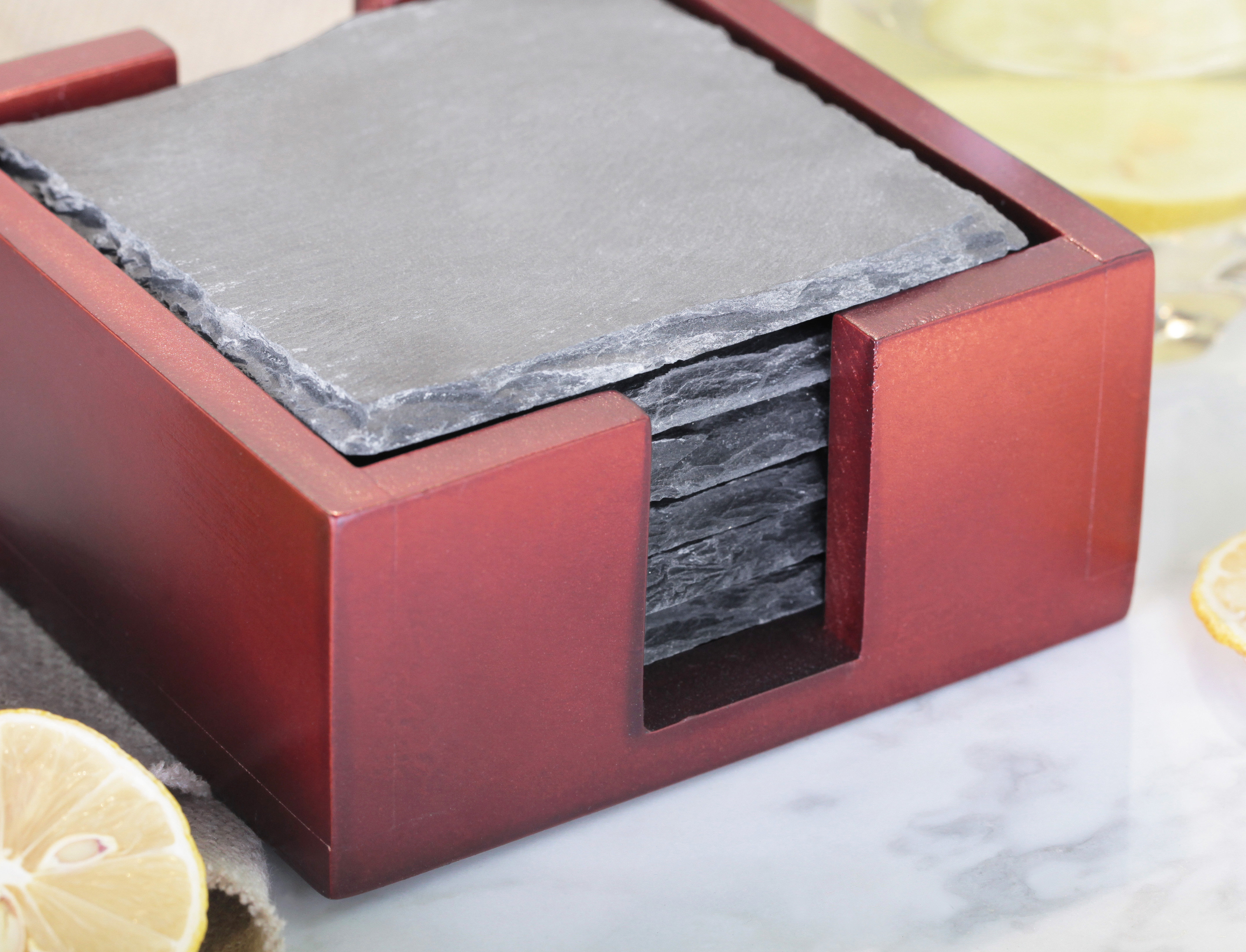Williston Forge Slate Square Coaster with Solid Wood Holder Set ...