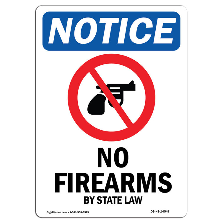 SignMission OSHA Notice - No Firearms By State Law Sign With Symbol ...