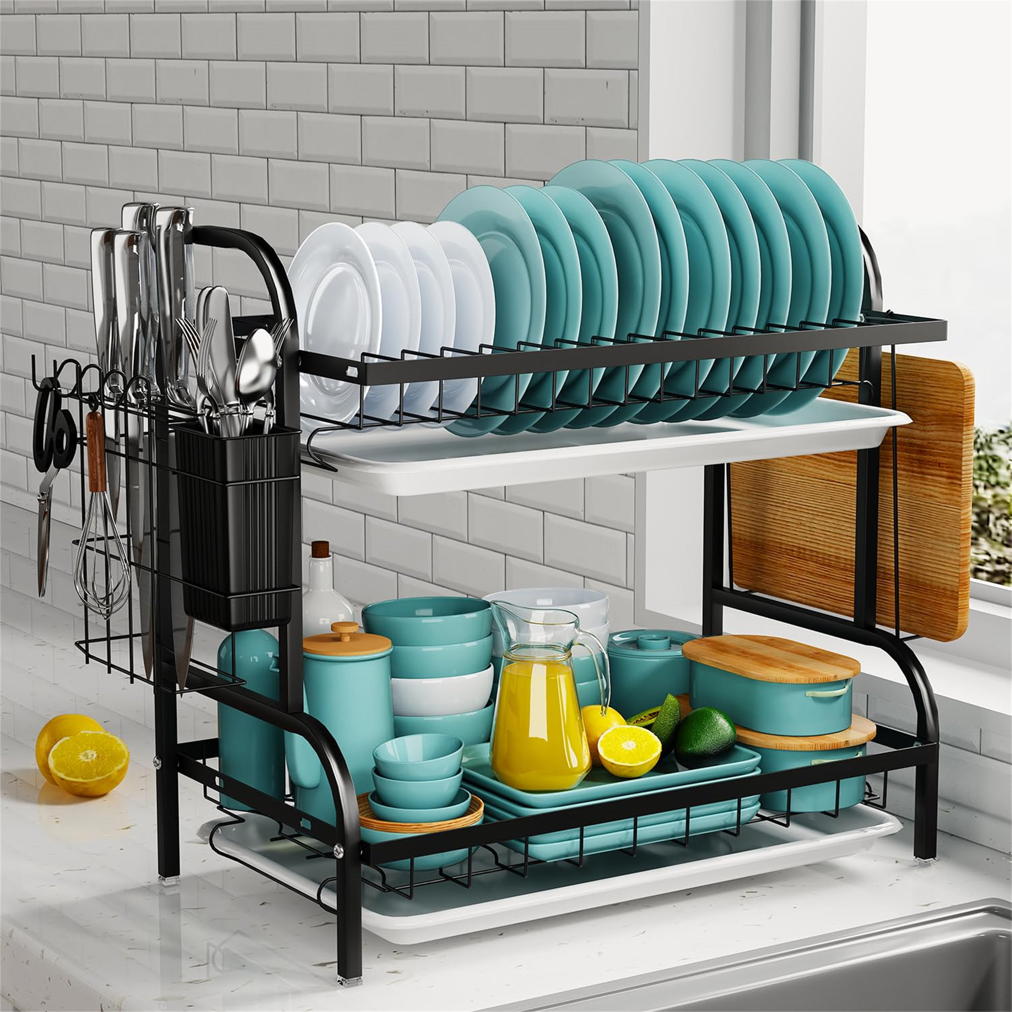 doitbest 2-Tier Dish Drying Rack with Cutlery & Chopping Board Holder ...