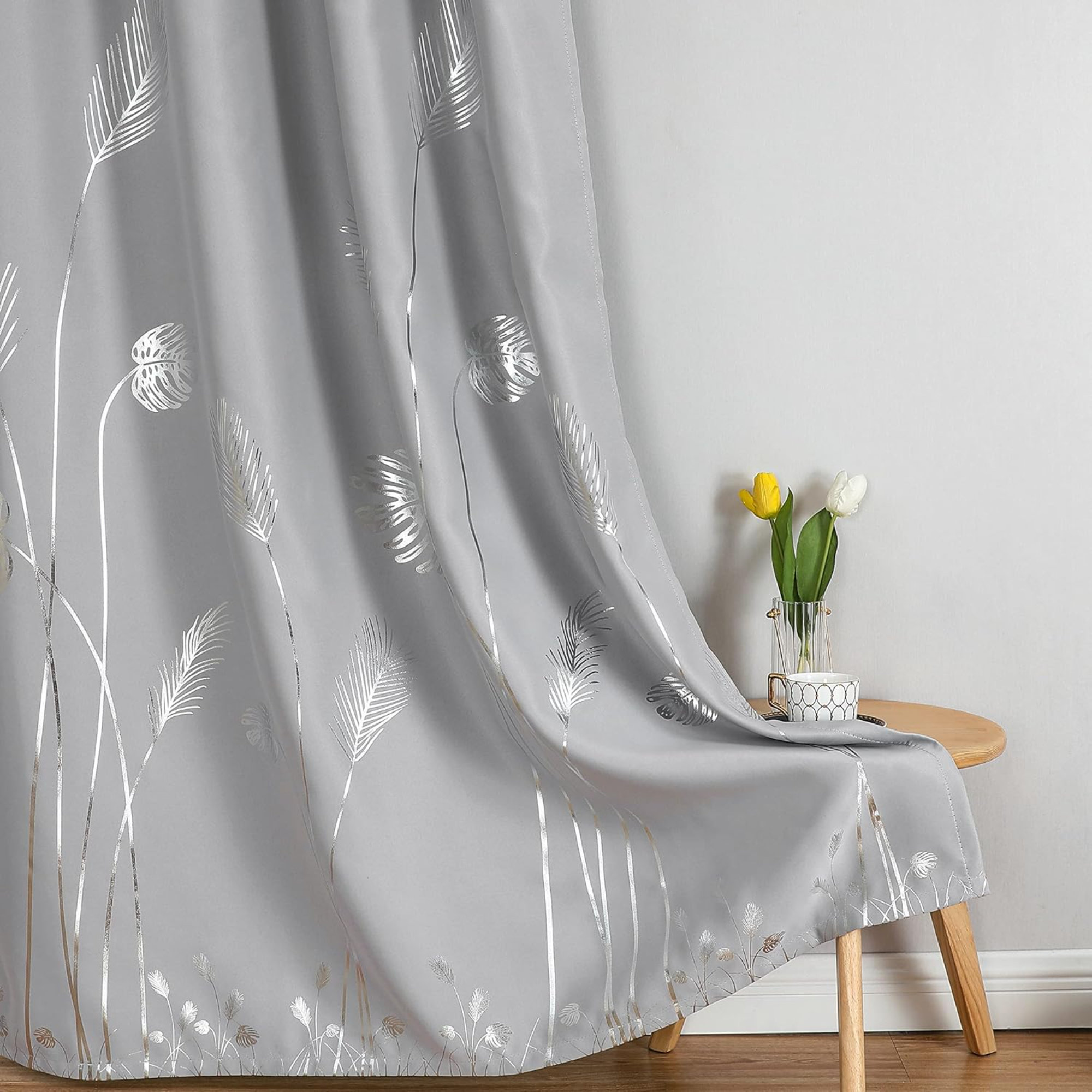 ToccoLeggero Light Grey Blackout Curtains 108 Inches Long, Silver Palm ...