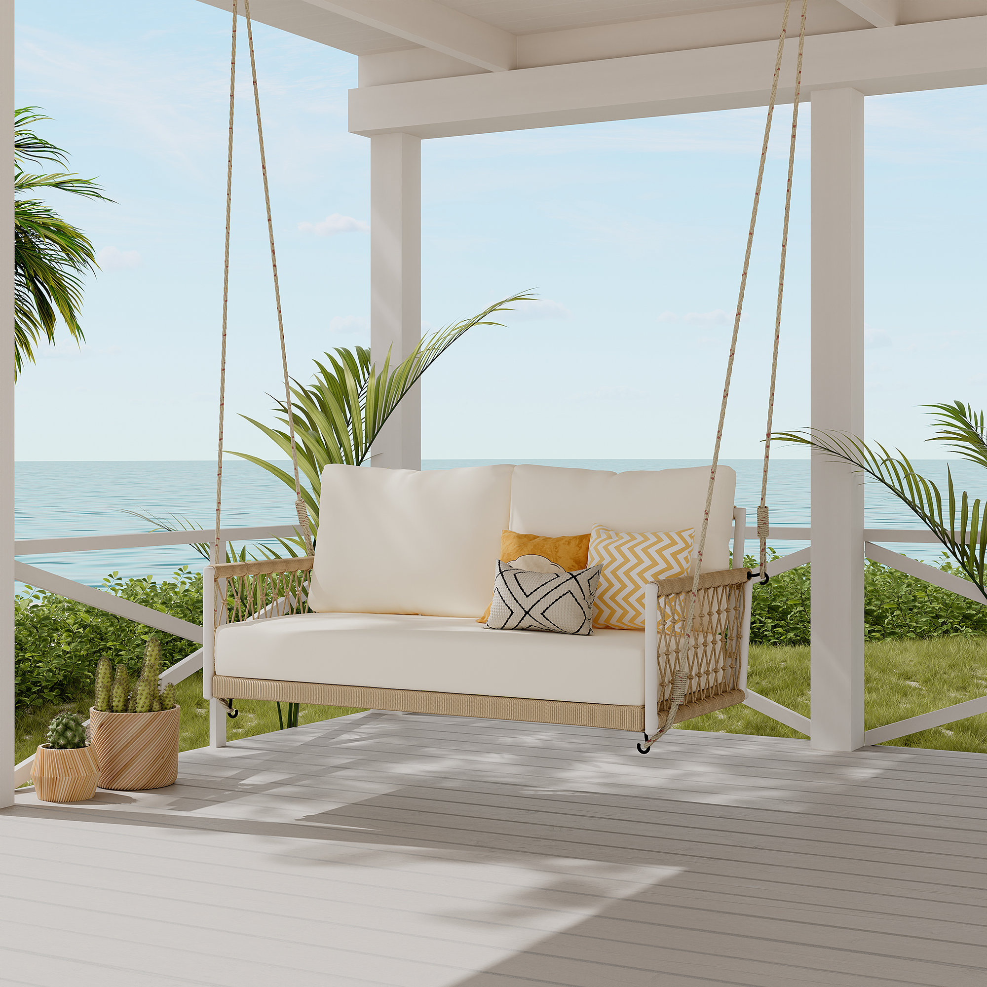 Rosecliff Heights 1-Piece Woven Rope Outdoor Swing Sofa With Soft Cushions Seating 2 For Patio ...