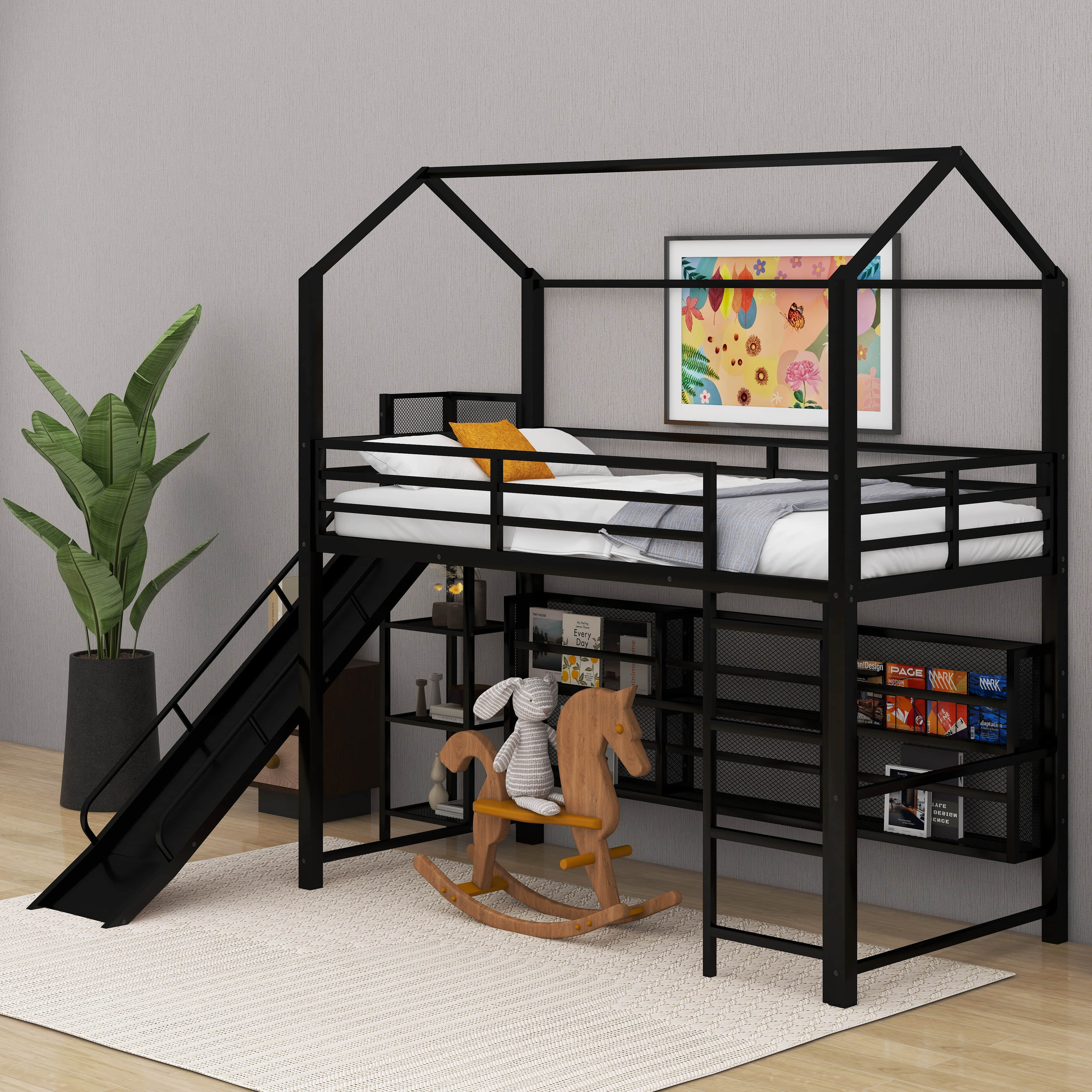 Harper Orchard Anjuma Twin Size House Metal Loft Bed With Iron Mesh ...
