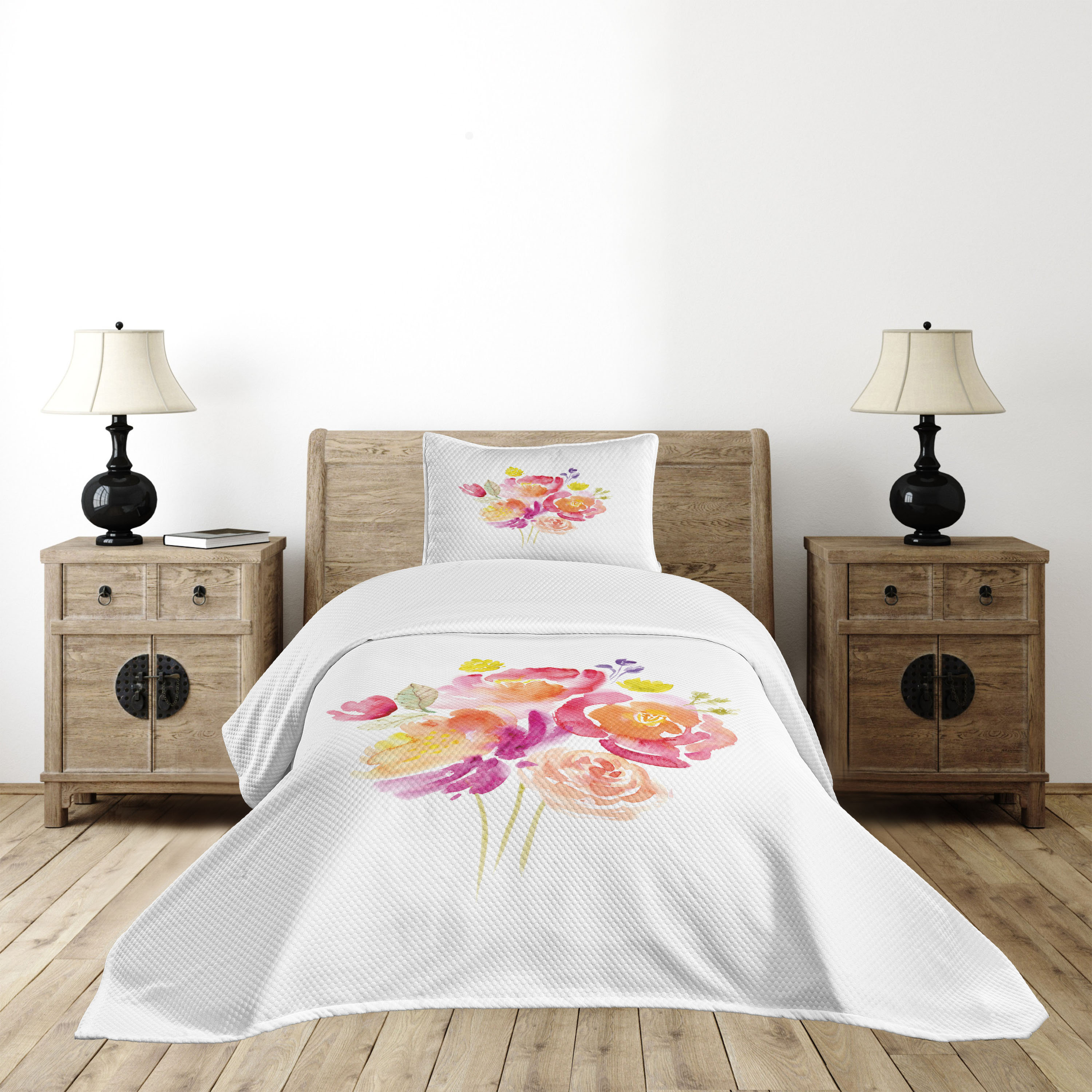 Ambesonne Pastel Bedspread Set Watercolor Rose Bouquet Multicolor | Wayfair