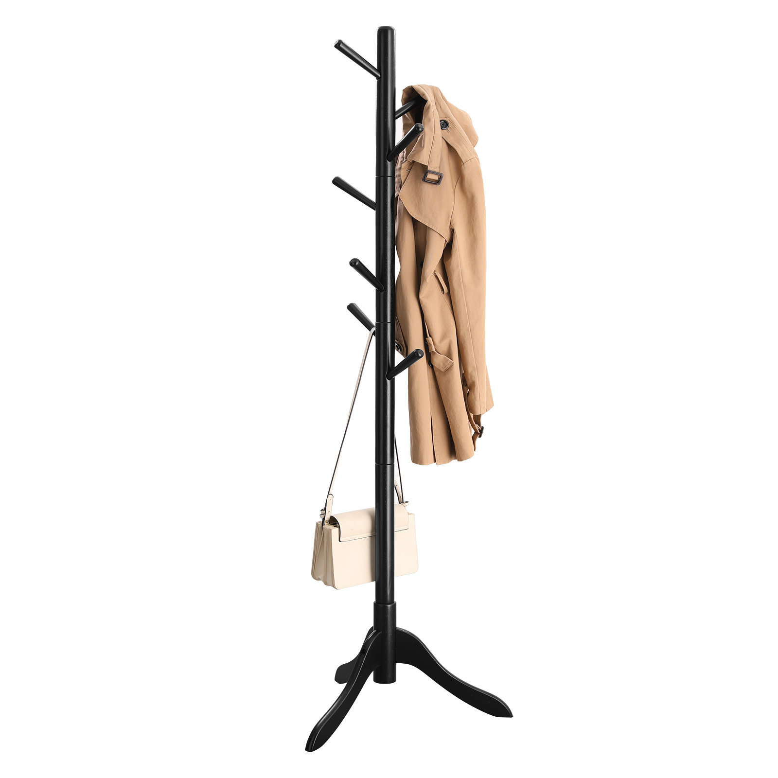 Ebern Designs Vecellio Solid Wood Freestanding Coat Rack with 8 Hooks ...