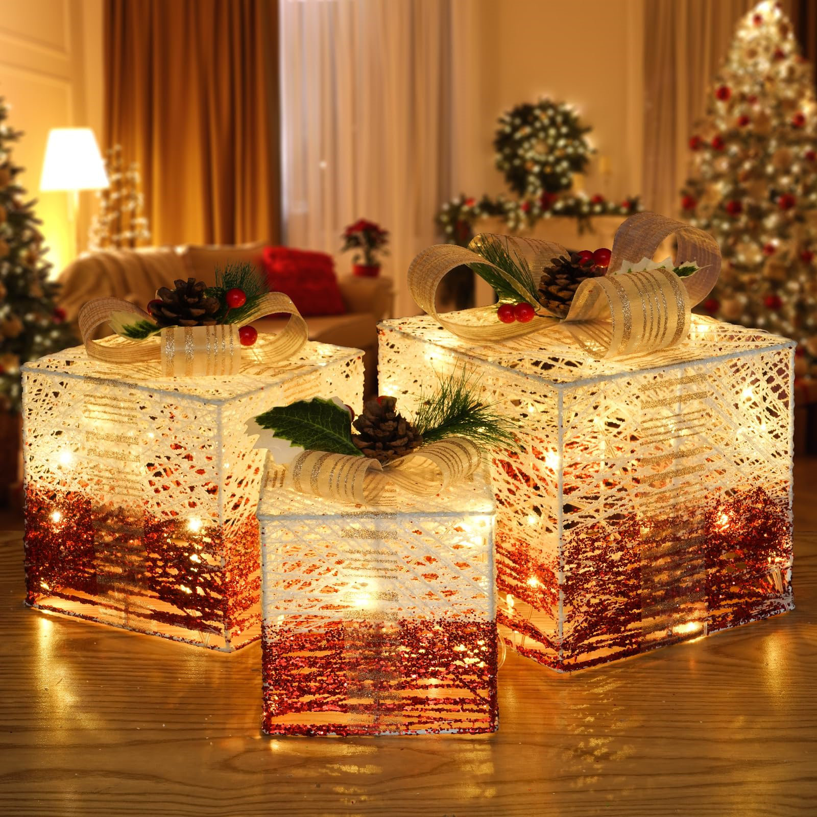 The Holiday Aisle® Set of 3 Christmas Lighted Gift Box Decorations ...
