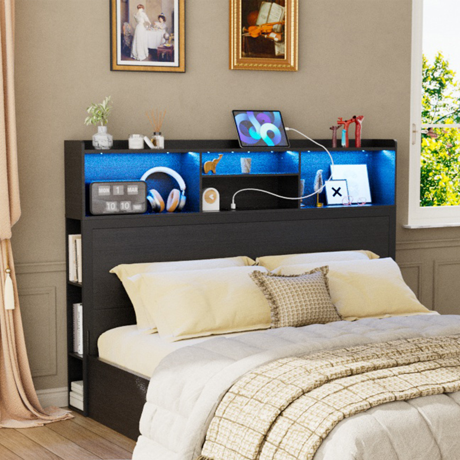 Wrought Studio™ Queen Headboard, 62" Bookcase Headboard with Charging ...