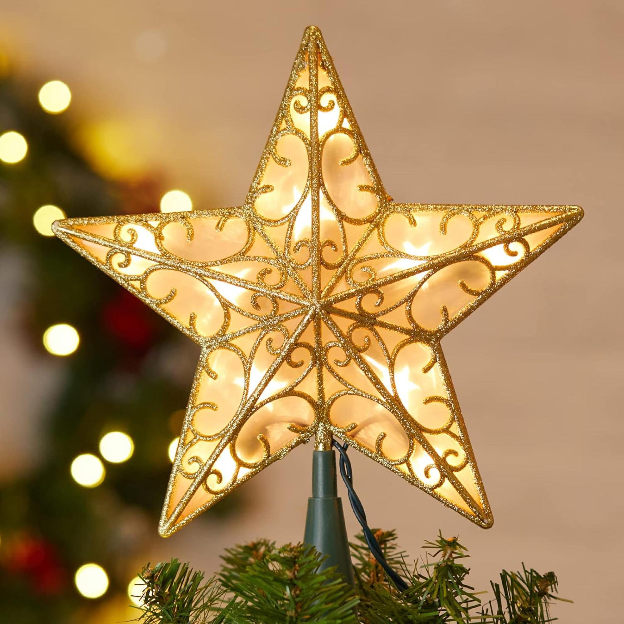 The Holiday Aisle® Christmas Star Tree Topper, Plug In Sliver Glittered ...